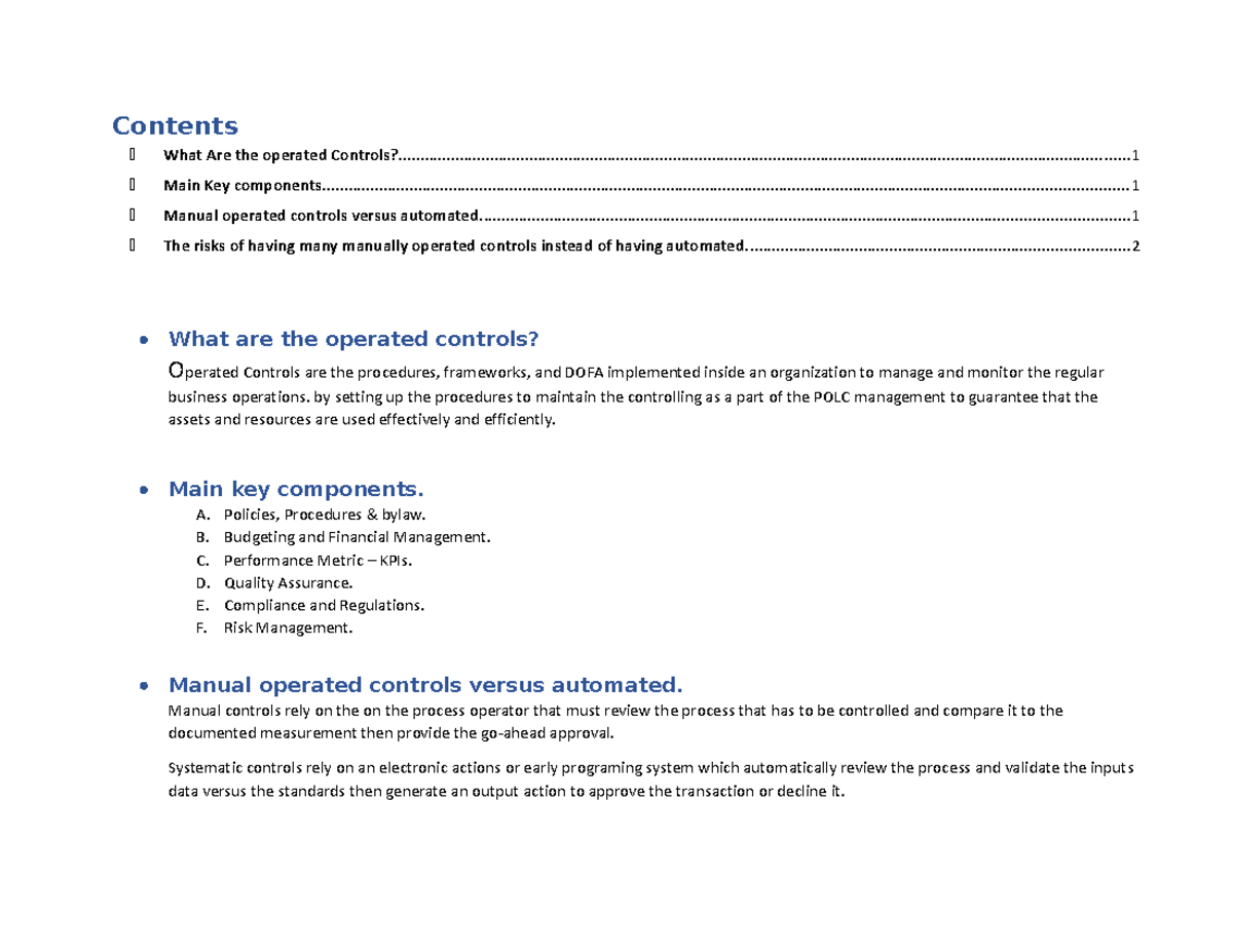 Manually operated controls versuse automated system - Contents What Are ...