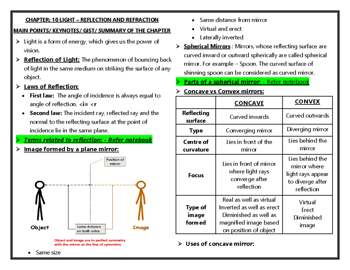 Light - Lecture notes - CHAPTER: 10 LIGHT – REFLECTION AND REFRACTION ...