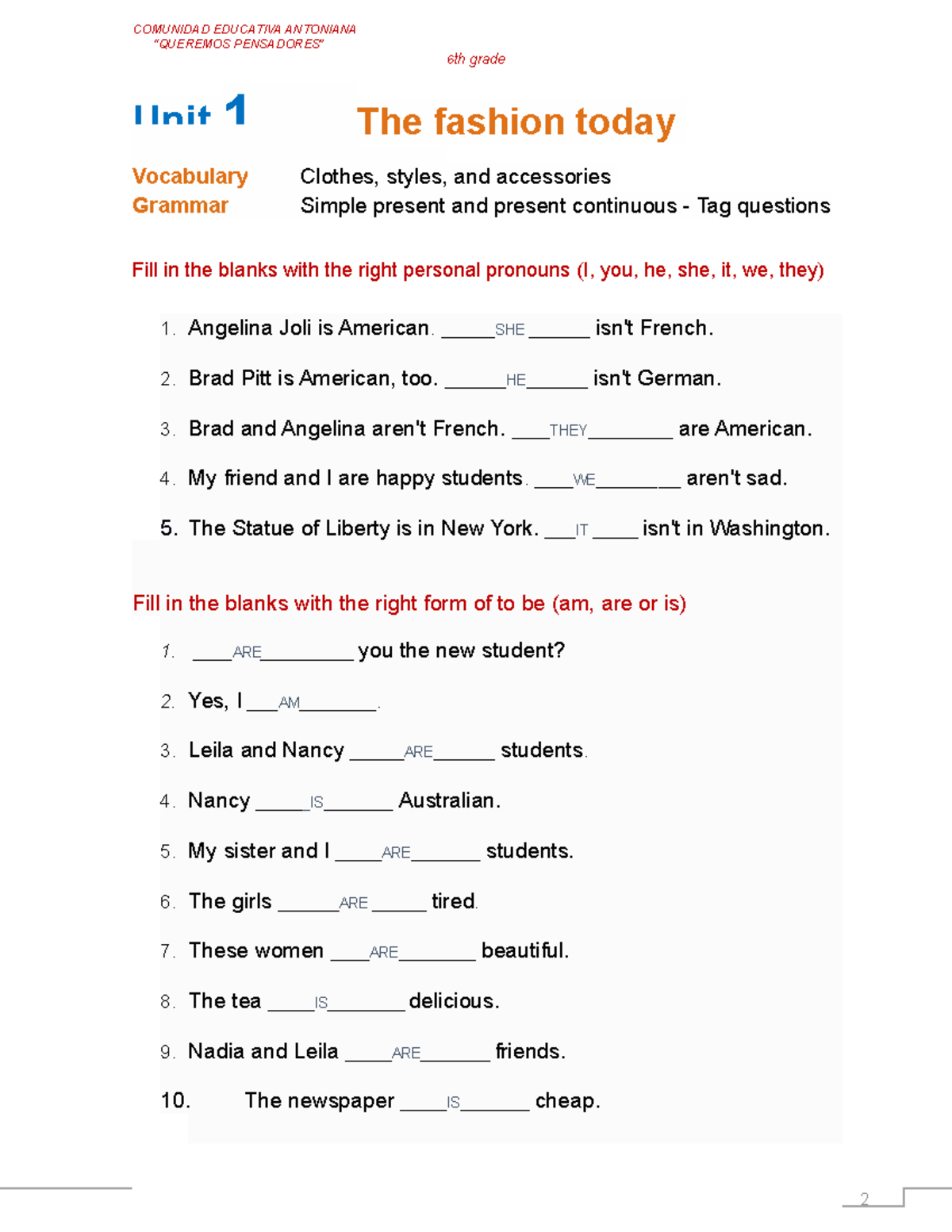 Unit 1 - Todays fashion 2 - 6 th grade Unit 1 The fashion today ...