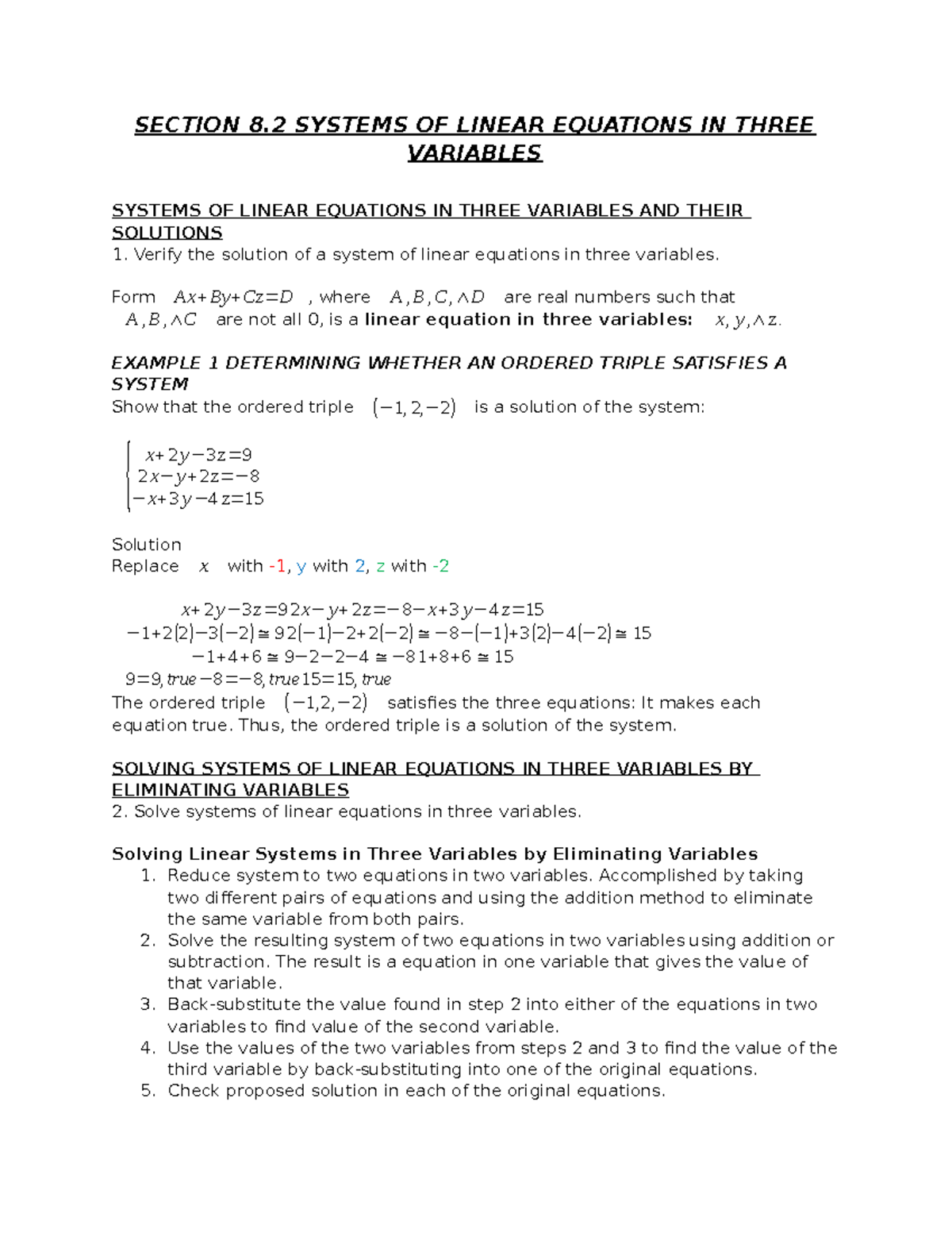 Sec8 subsection 2, 8.2 - SECTION 8 SYSTEMS OF LINEAR EQUATIONS IN THREE ...