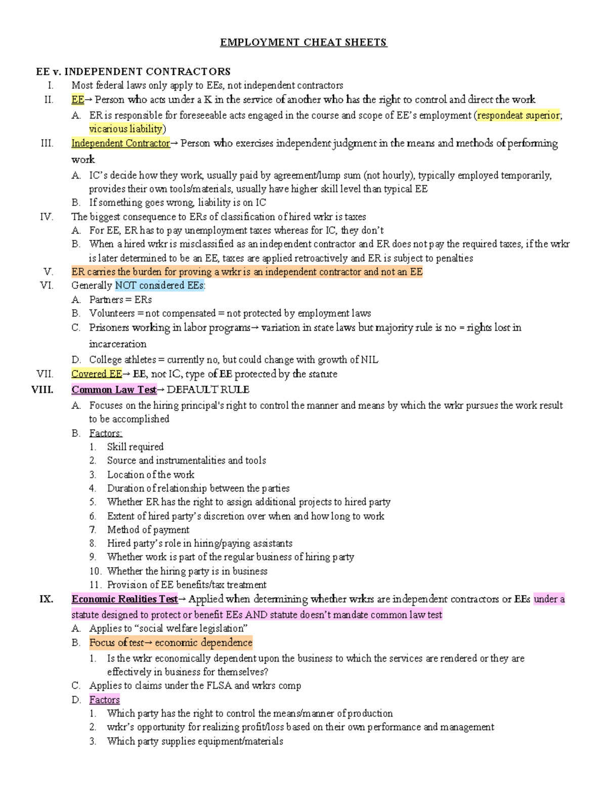 Employment Law Rules - EMPLOYMENT CHEAT SHEETS EE v. INDEPENDENT ...