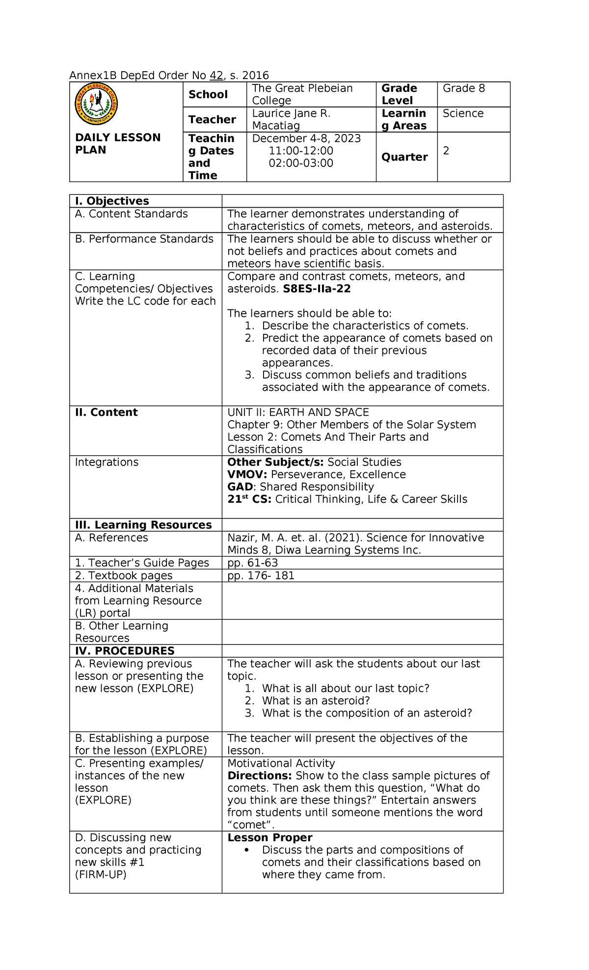 SCI DEC 4-5 - LESSON PLAN - Annex1B DepEd Order No 42 , s. 2016 DAILY ...