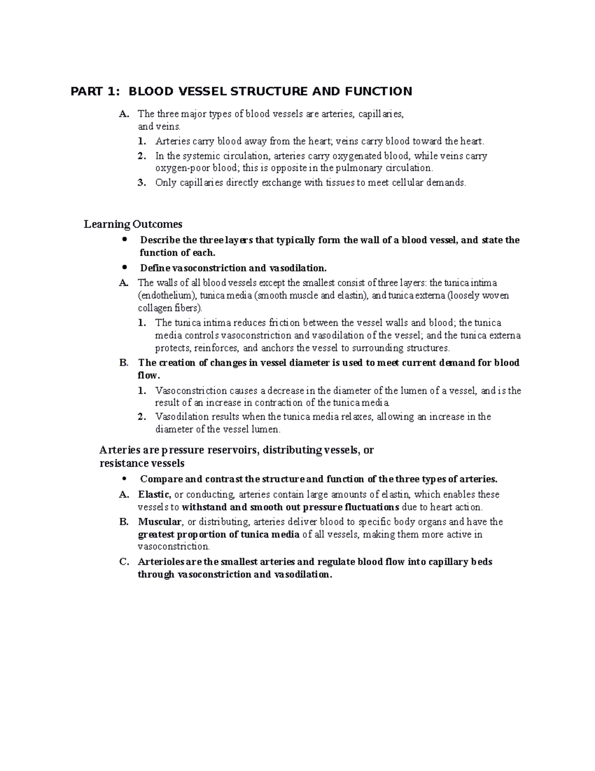 Blood vessel study guide - PART 1: BLOOD VESSEL STRUCTURE AND FUNCTION ...