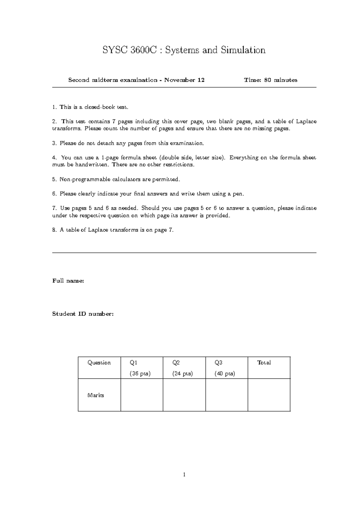 Midterm 2sol - SYSC 3600C : Systems and Simulation Second midterm examination - November 12 Time ...