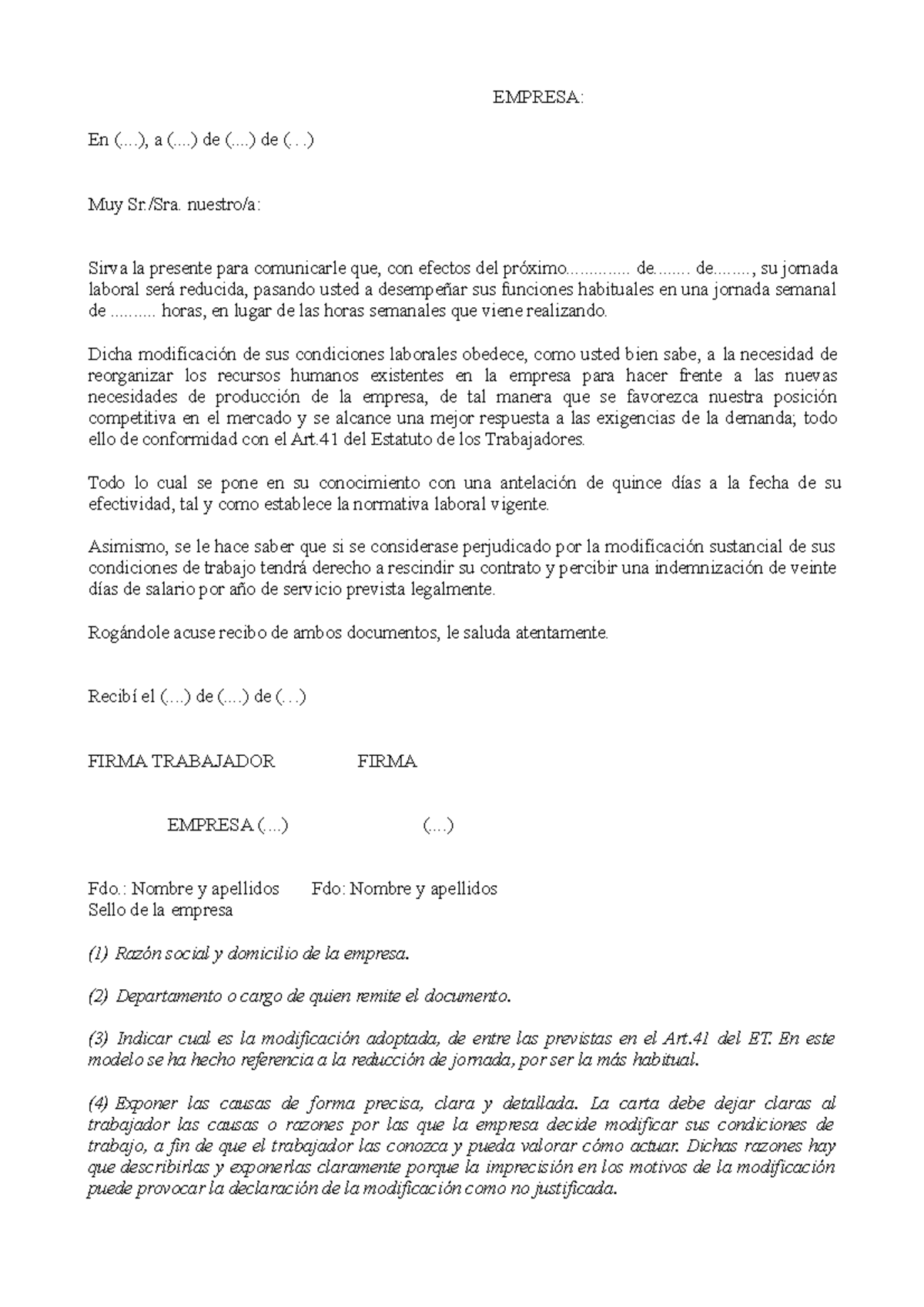 Carta para notificar modificación sustancial de condiciones de trabajo ...