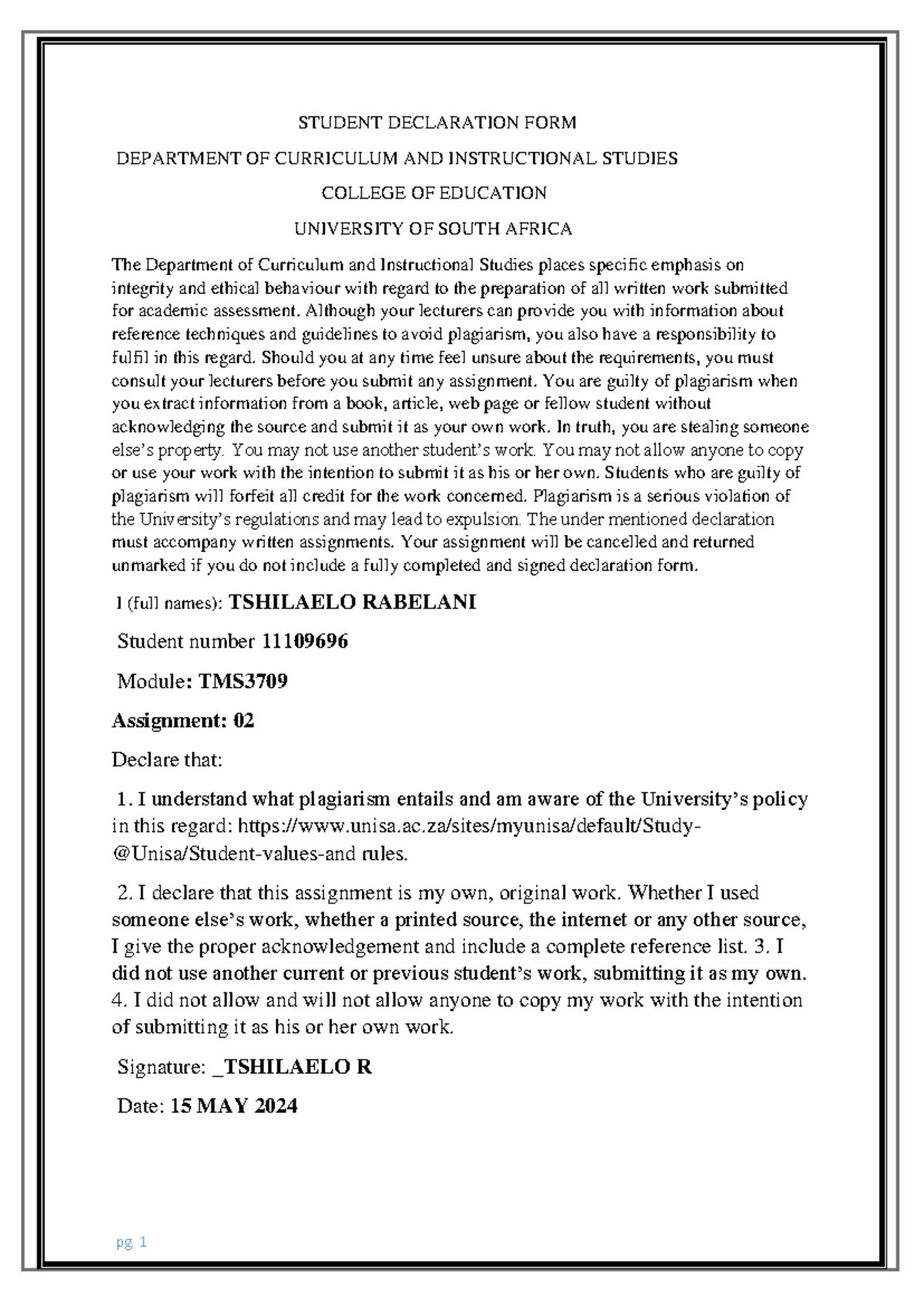 TMS Assignment 2 - STUDENT DECLARATION FORM DEPARTMENT OF CURRICULUM ...
