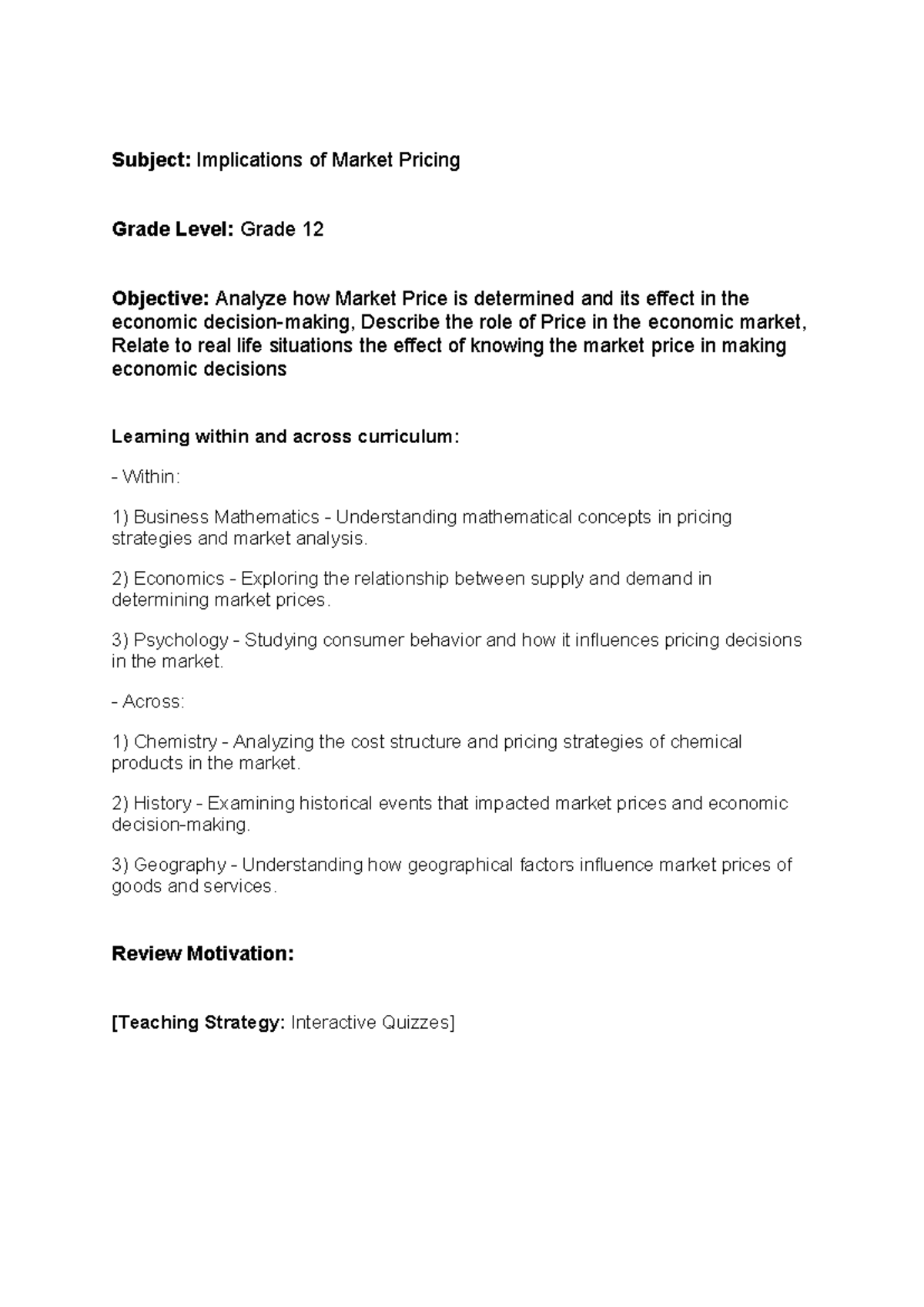 Lesson plan - Subject: Implications of Market Pricing Grade Level ...