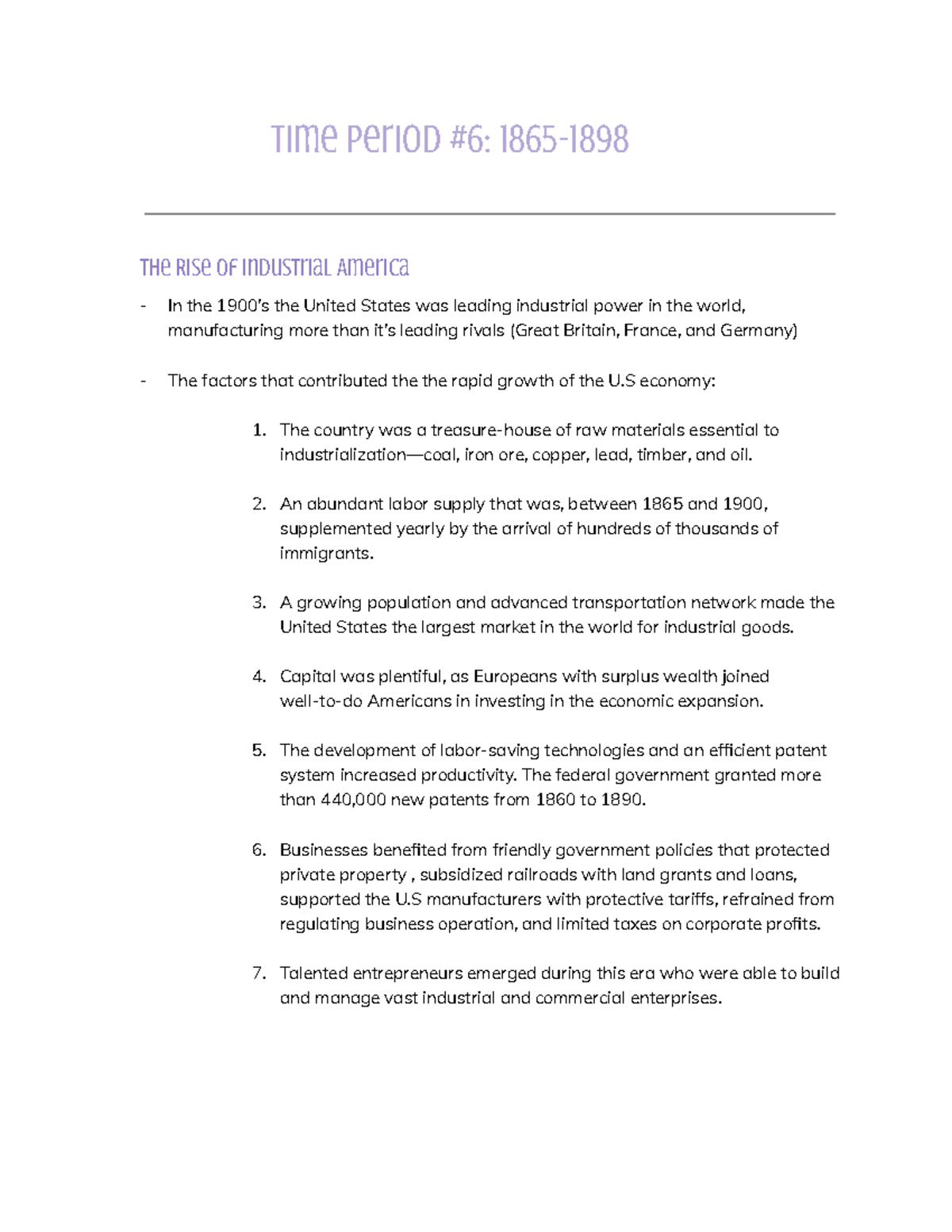 Time Period #6 - NOTES - Time Period #6: 1865- The Rise of Industrial ...