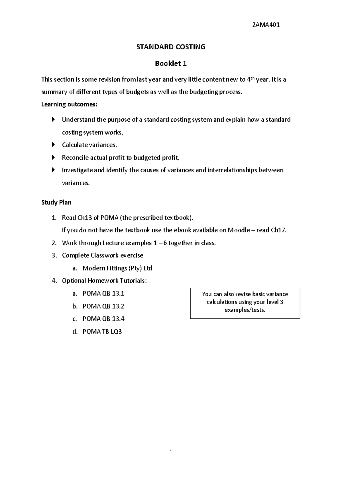 Standard Costing Booklet 1 - STANDARD COSTING Booklet 1 This section is ...