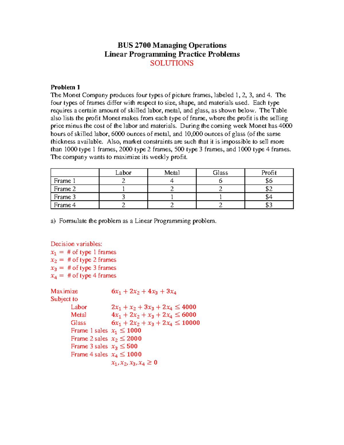 LP Practice Problems Solutions - BUS 2700 Managing Operations Linear ...