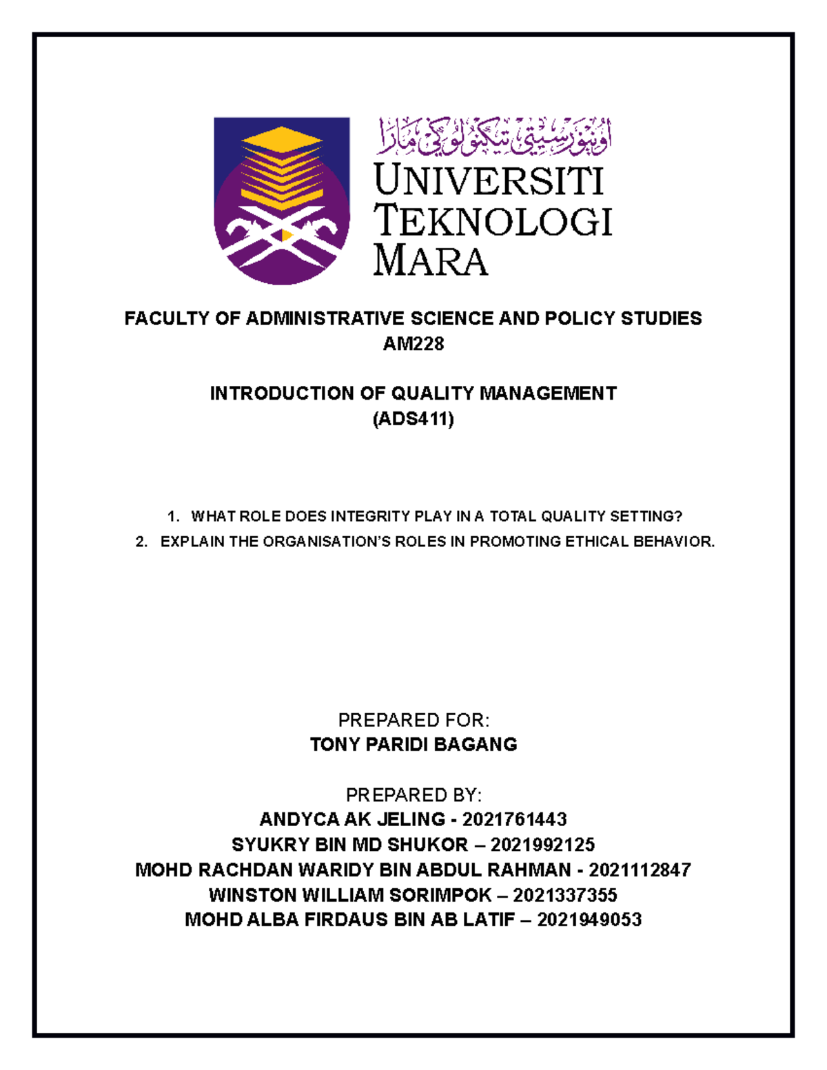 ADS411 Group 3 Assignment - FACULTY OF ADMINISTRATIVE SCIENCE AND ...