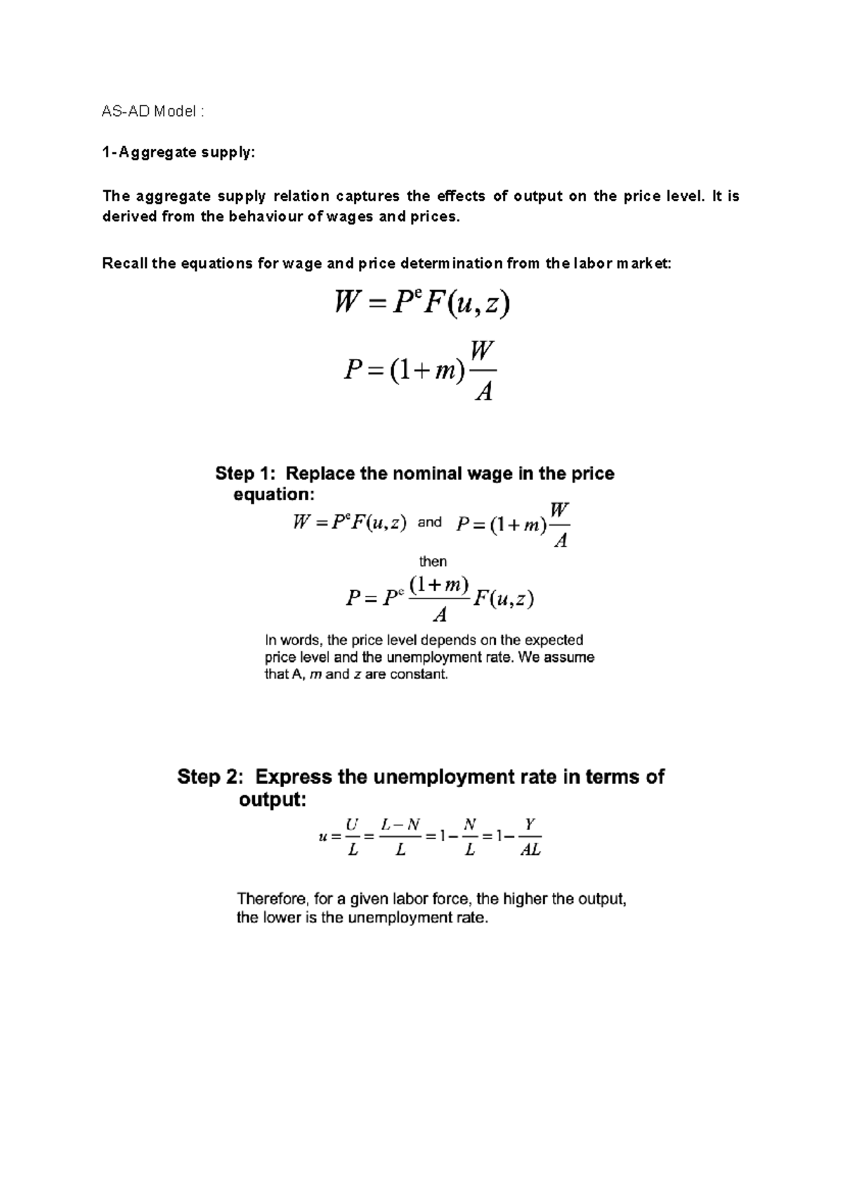 Macro Notes - AS-AD Model : 1- Aggregate supply: The aggregate supply ...