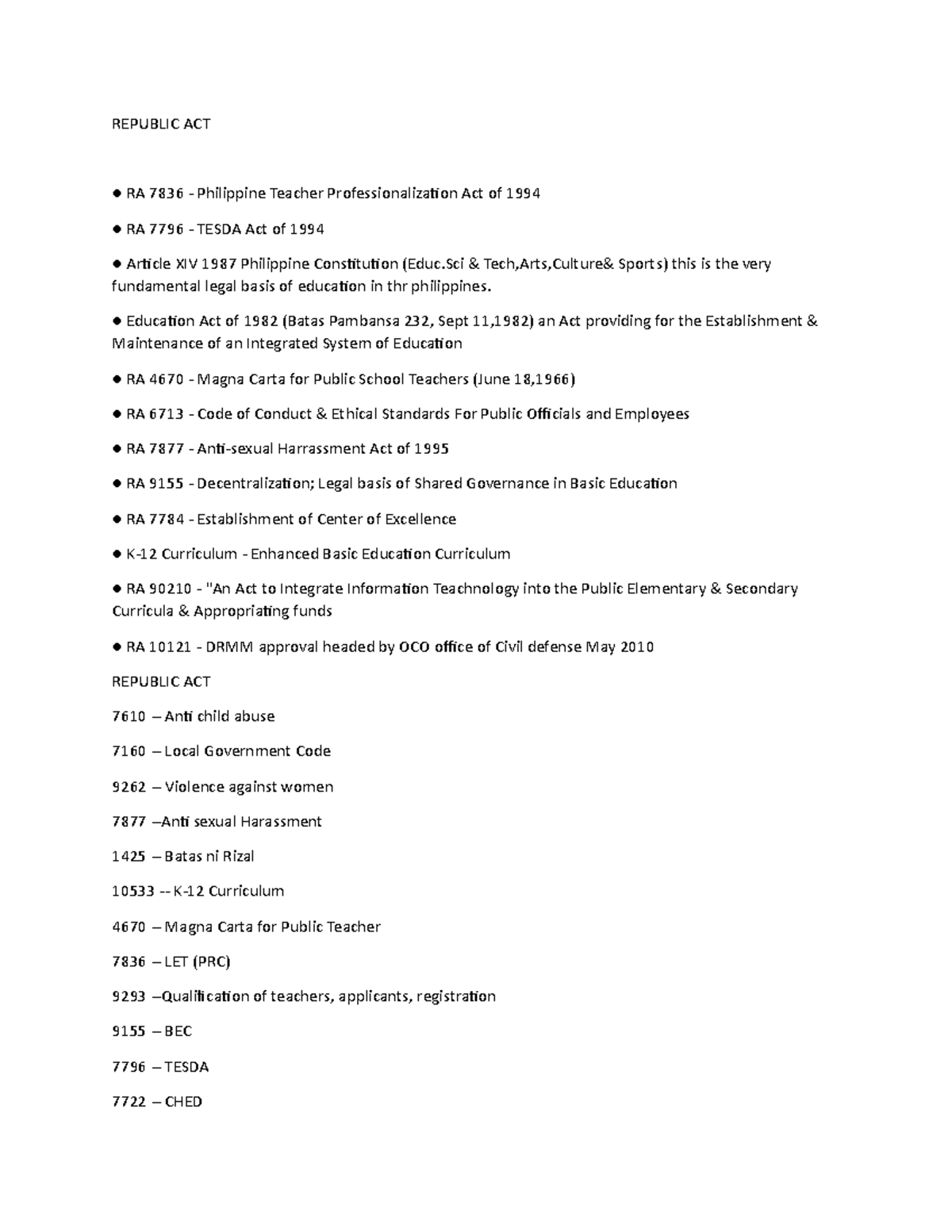 LAWS ON LET Reviewer 2023 - REPUBLIC ACT RA 7836 - Philippine Teacher ...