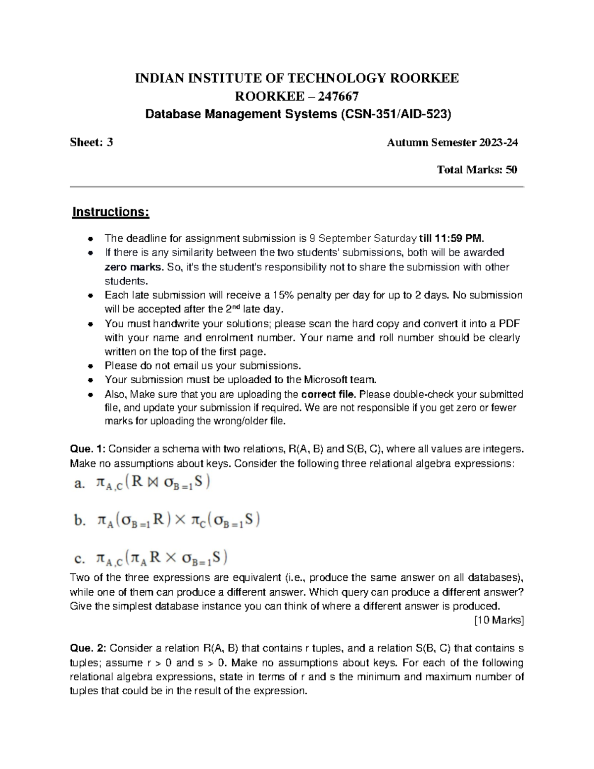 DBMS CSN-351 AID-523 Sheet - 3 - INDIAN INSTITUTE OF TECHNOLOGY ROORKEE ROORKEE – 247667 ...