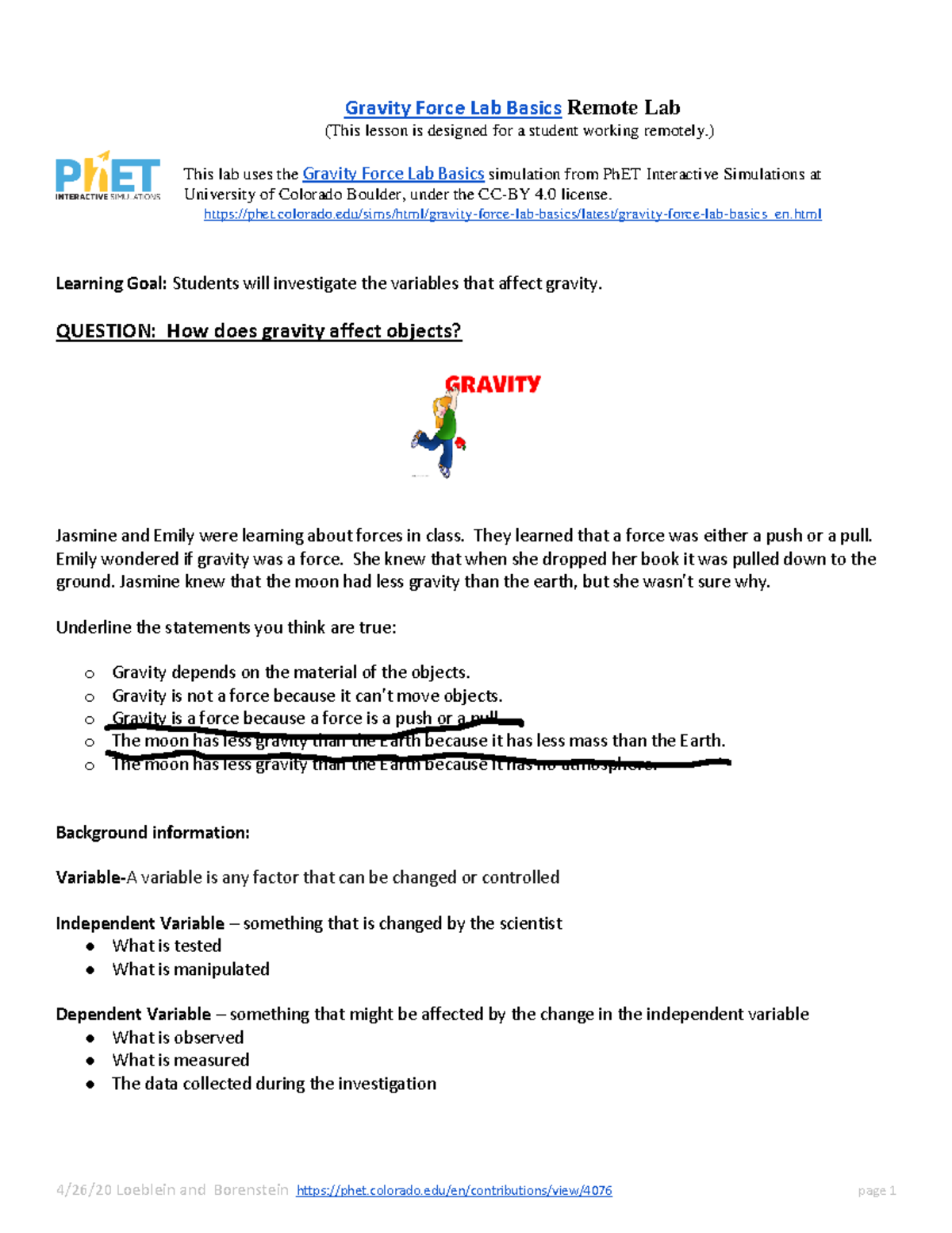 Exploring Gravity Remote Lab - 4/26/20 Loeblein and Borenstein - Studocu