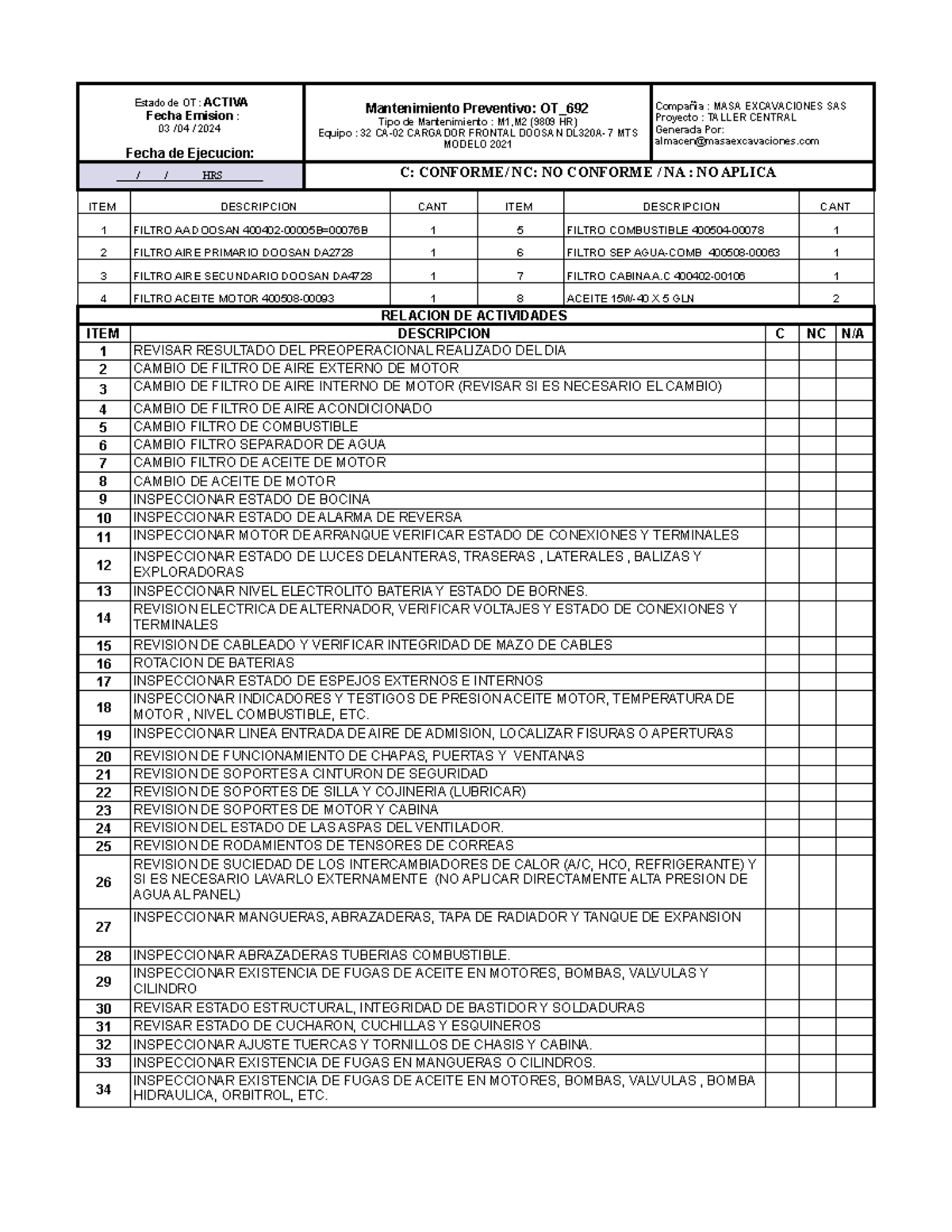 CA-02 OT-692 M2 (9809 HR).xlsx - Hoja 1 - Estado de OT : ACTIVA Fecha ...