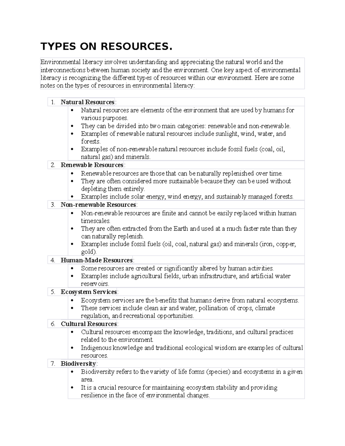 Enviromental Literacy Notes 3 - TYPES ON RESOURCES ...