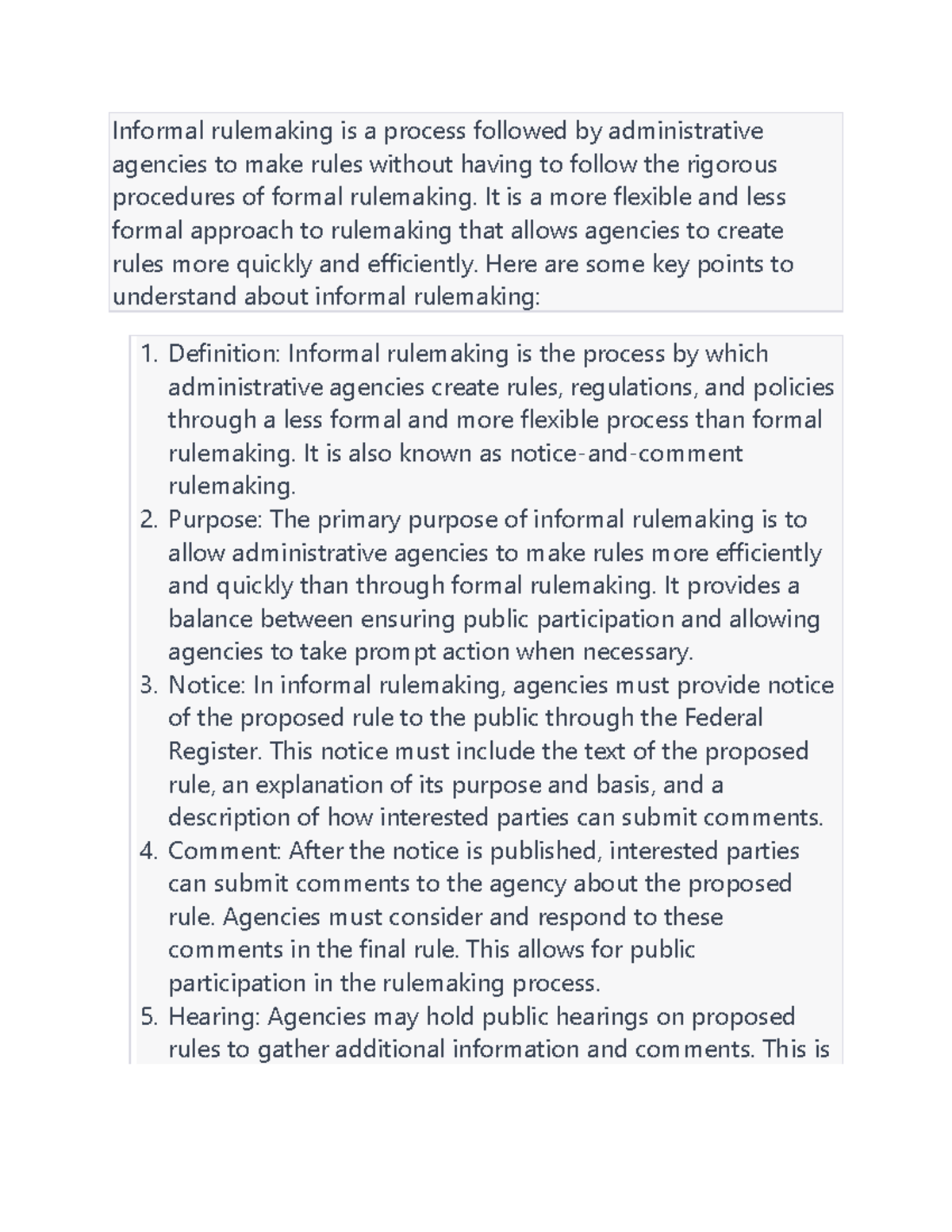Informal - Notes - Informal rulemaking is a process followed by ...