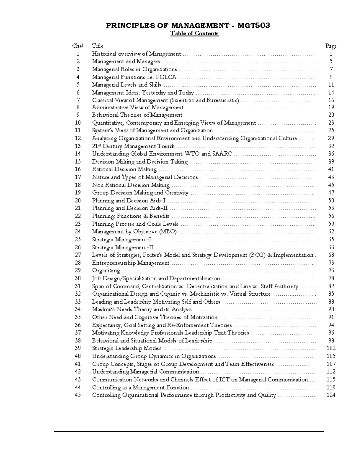 Management handouts 1 45 - Table of Contents - PRINCIPLES OF MANAGEMENT ...