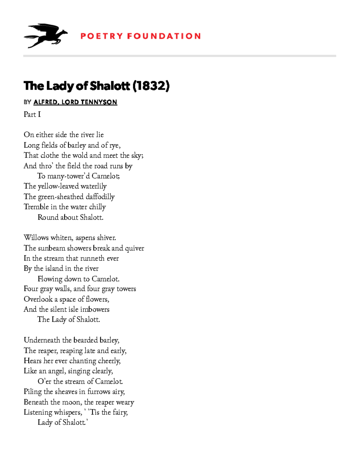 The Lady of Shalott (1832) by Alfred, Lord… Poetry Foundation - The ...
