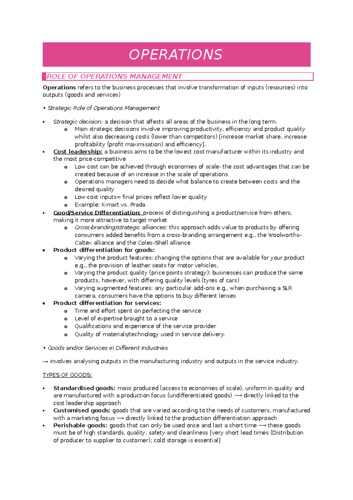 Operations - good - OPERATIONS ROLE OF OPERATIONS MANAGEMENT Operations ...