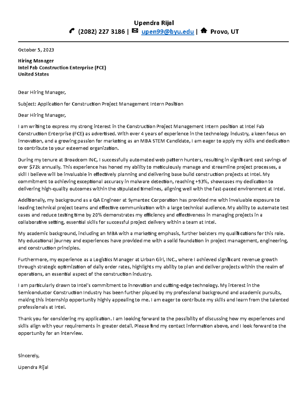 Cover Letter Intel Construction Project Management Intern Position ...