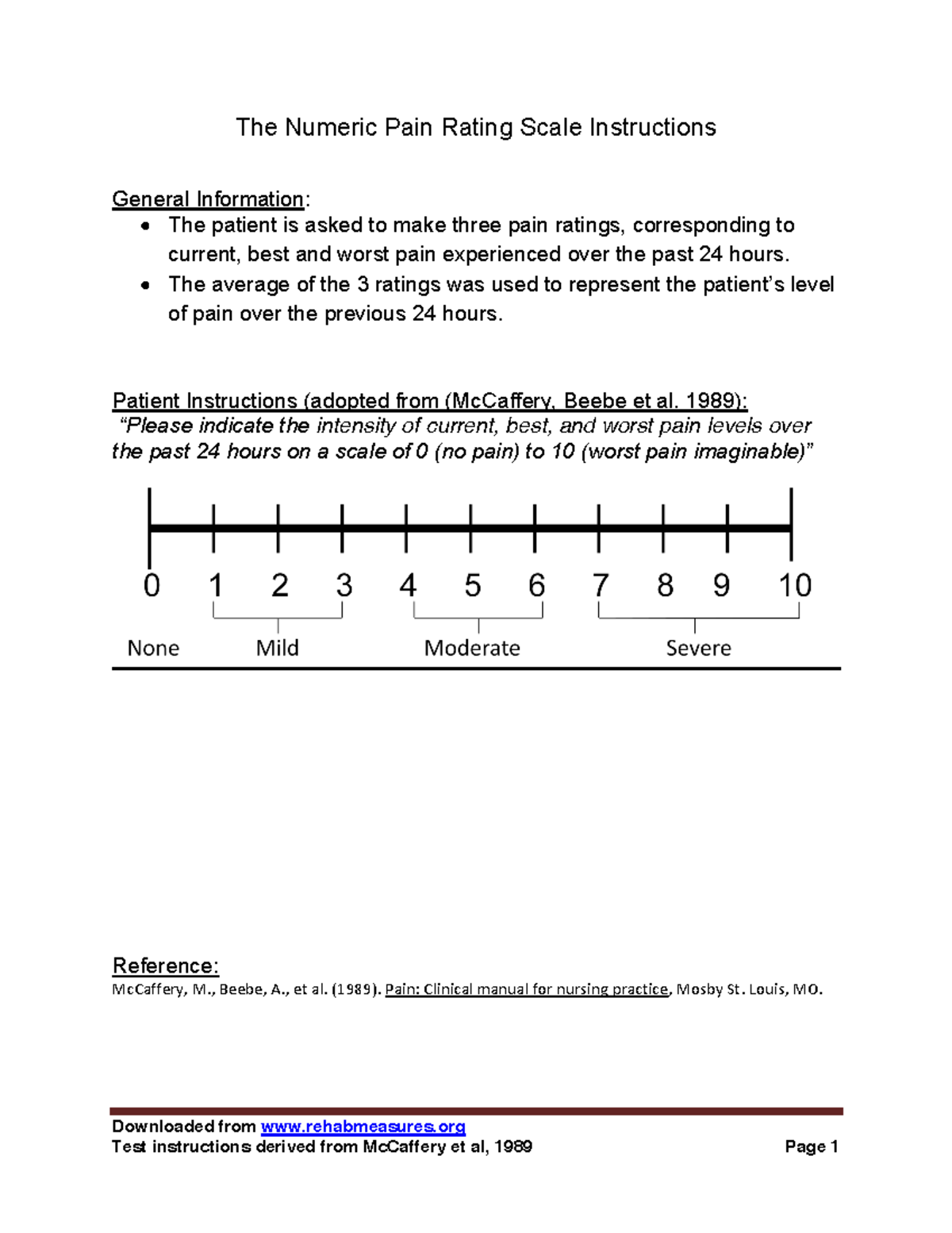 Numeric Pain Rating Scale Instructions - The average of the 3 ratings ...