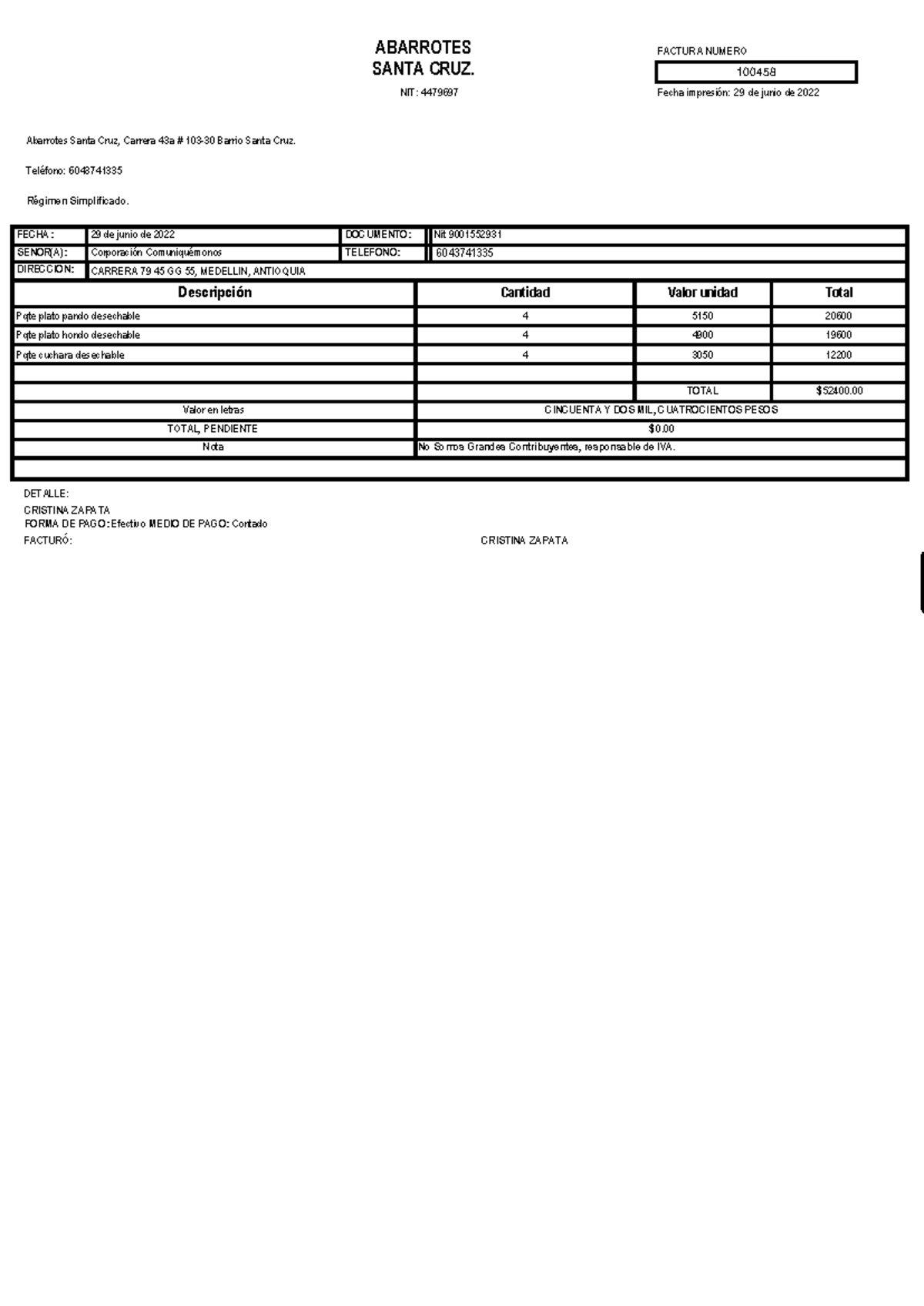 Factura 100458 - vfbgvbnvbn - Abarrotes Santa Cruz, Carrera 43a # 103 ...