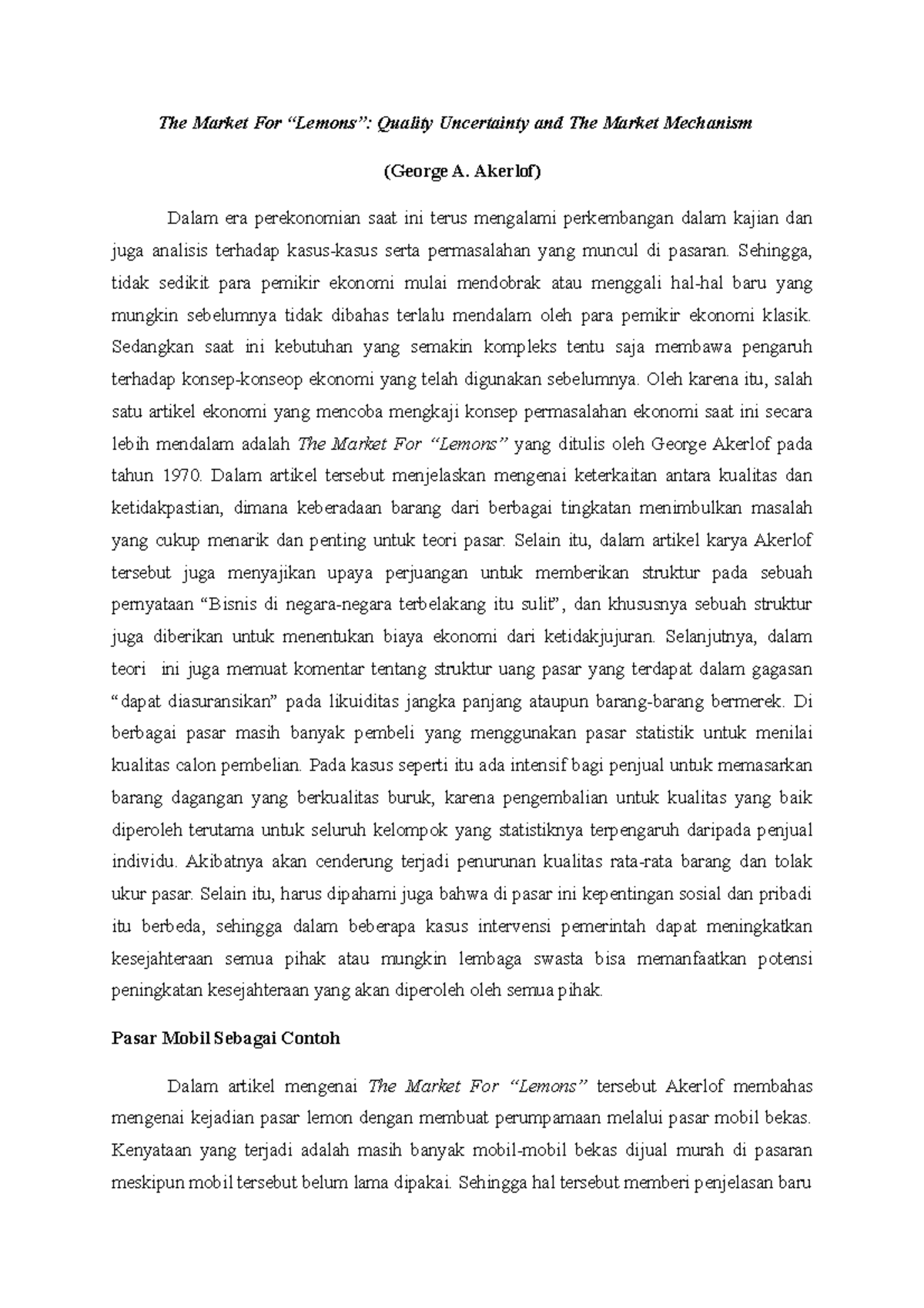 The Market For Lemons Quality Uncertainty and The Market Mechanism ...