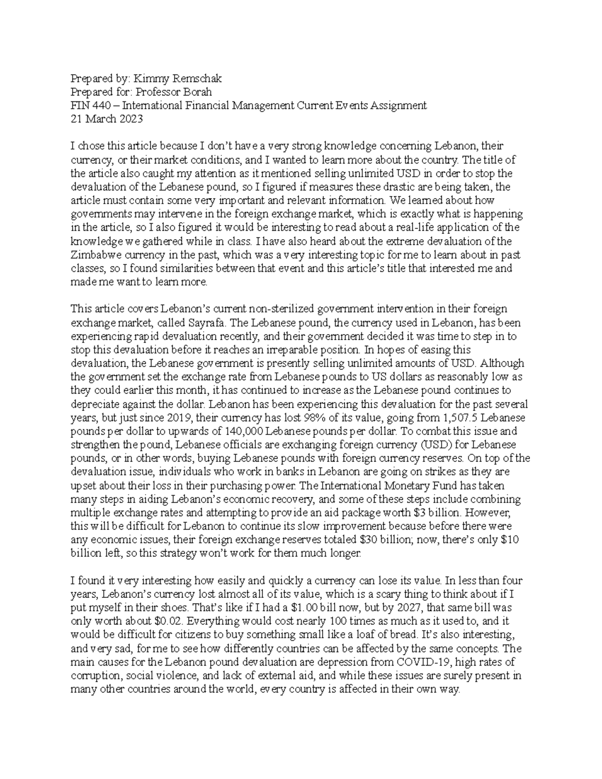 FIN 440 Current Events Assignment - Prepared by: Kimmy Remschak ...