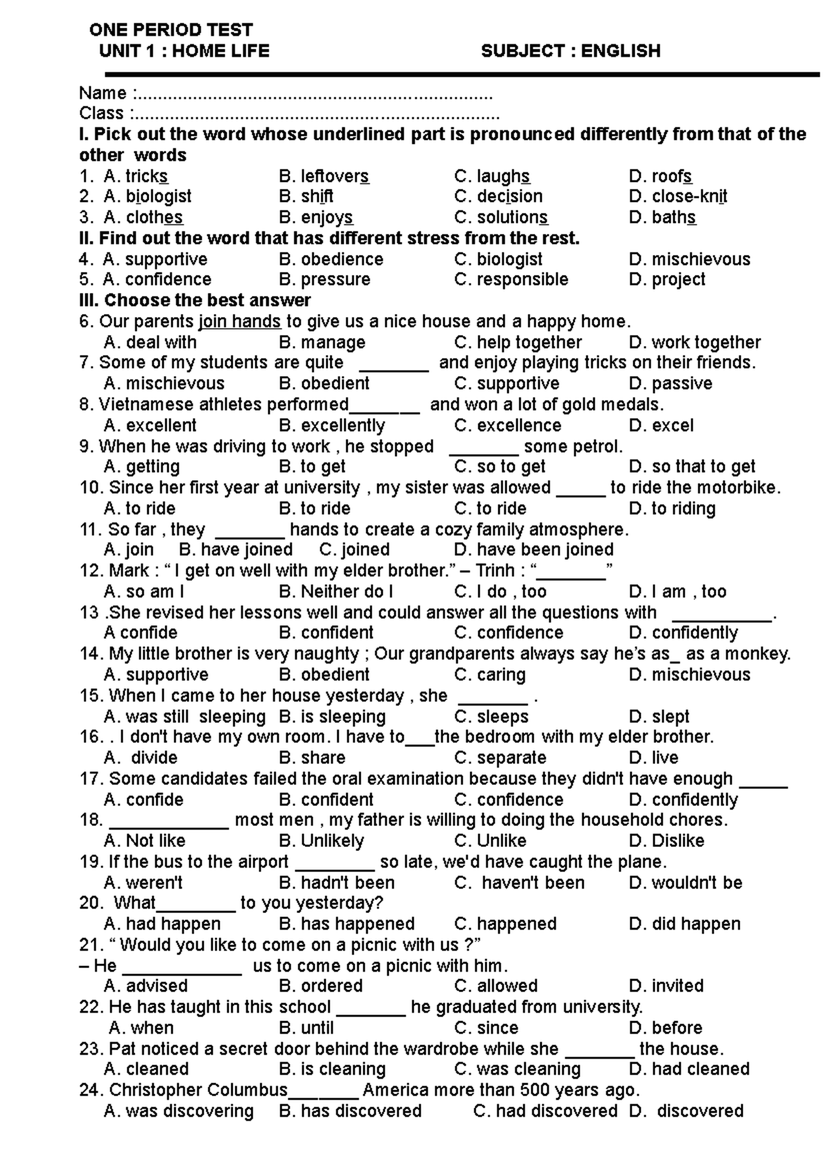 Test English 12 unit 1 code 2 - ONE PERIOD TEST UNIT 1 : HOME LIFE ...