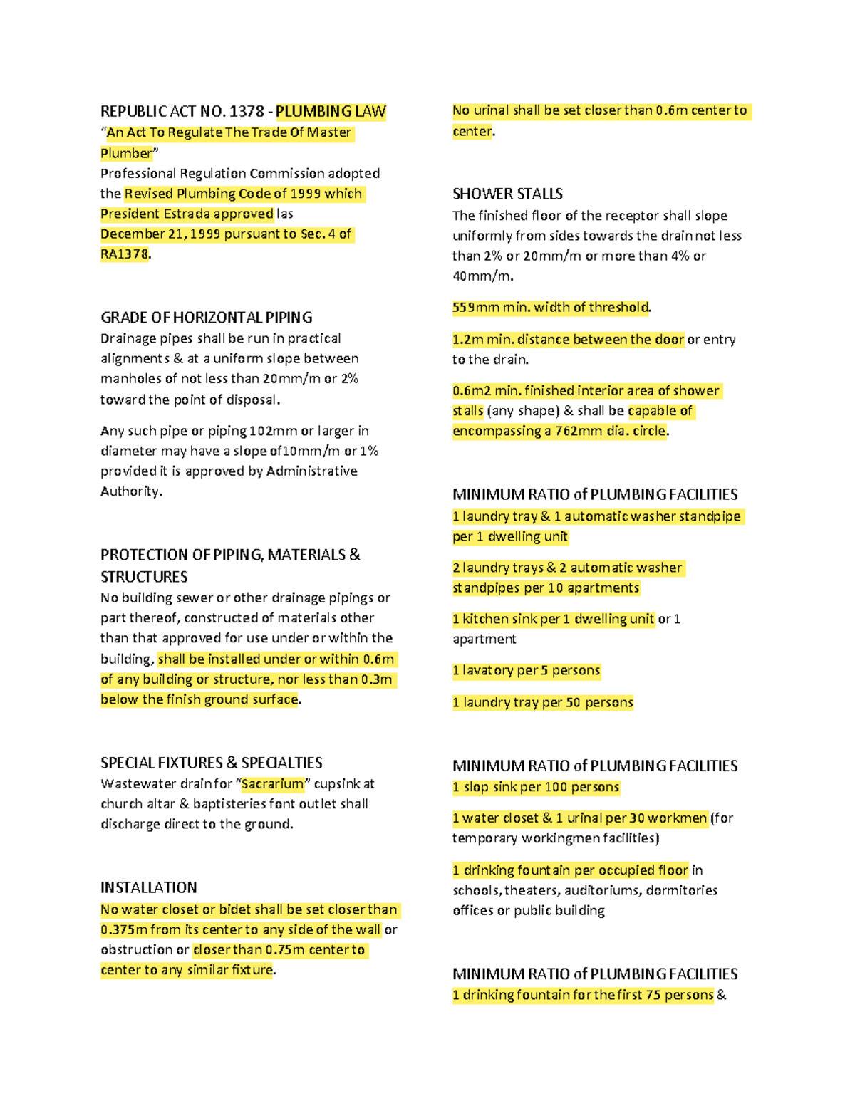 BSD Reviewer - REPUBLIC ACT NO. 1378 - PLUMBING LAW “An Act To Regulate ...