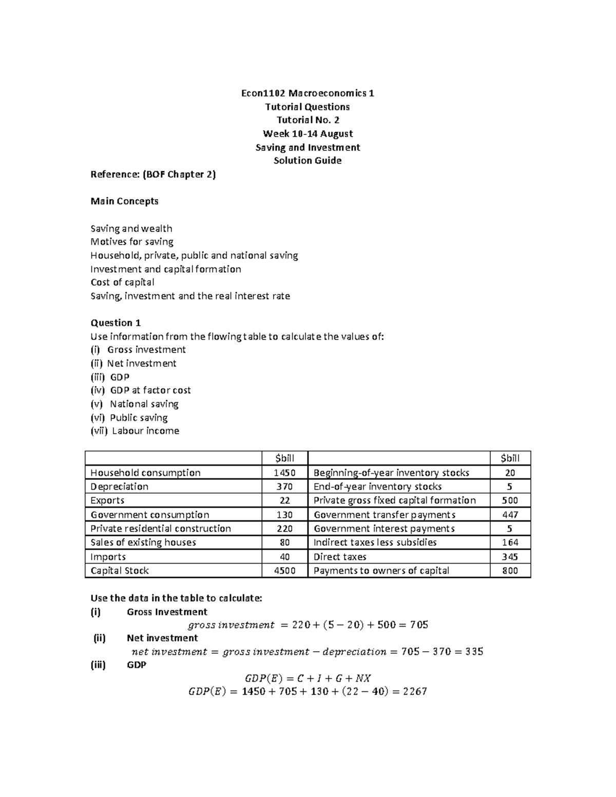 Tutorial No 2 Solution - Econ1102 Macroeconomics 1 Tutorial Questions Tutorial No. 2 Week 10 -14 ...