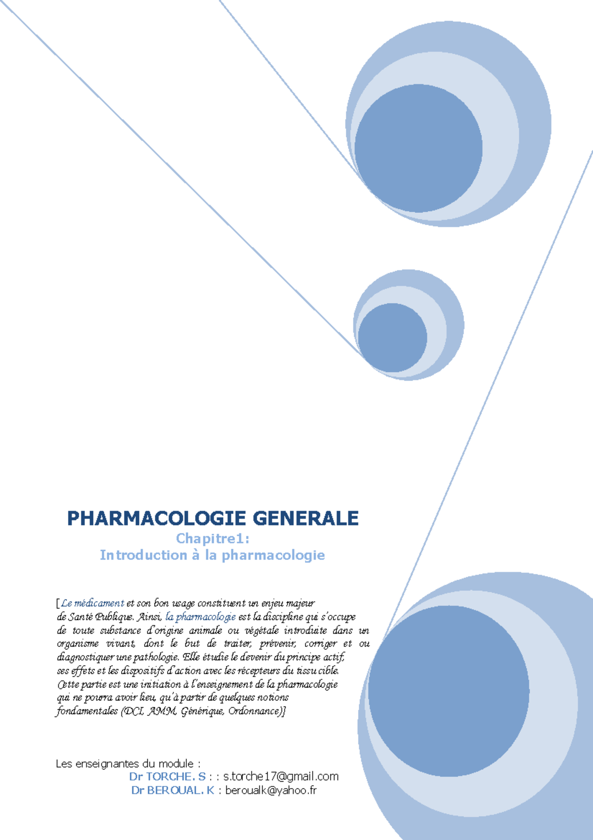 Pharmacologie A3 - PHARMACOLOGIE GENERALE Chapitre1: Introduction à la ...