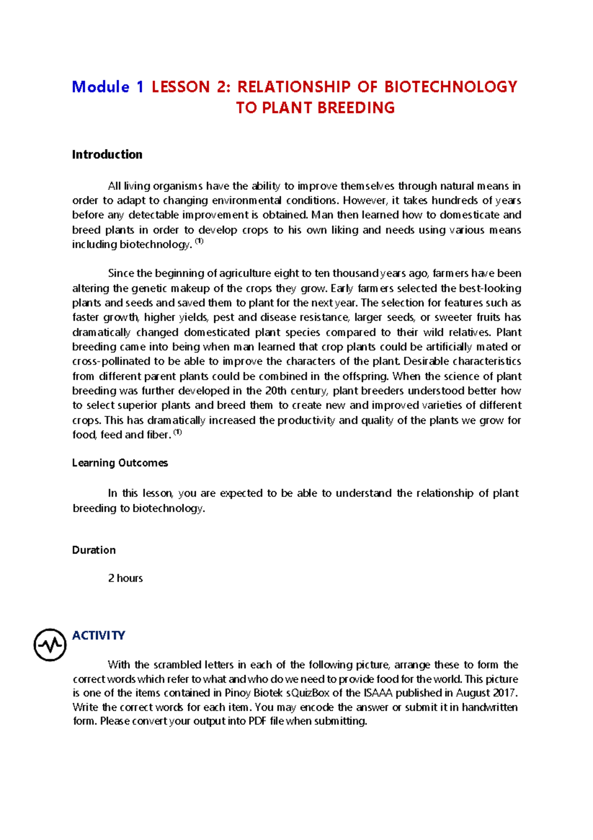 Module 1 Lesson 2 Relationship of Biotechnology to Plant Breeding ...