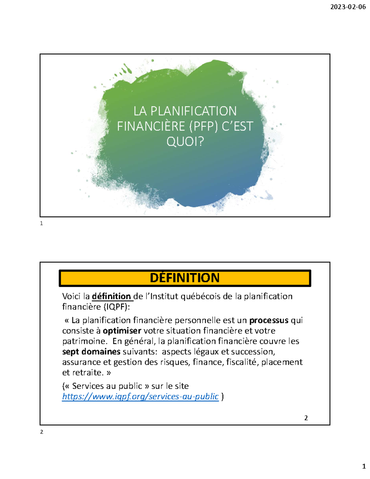 Cours 1 PFP definition Présentation - LA PLANIFICATION FINANCIÈRE (PFP ...