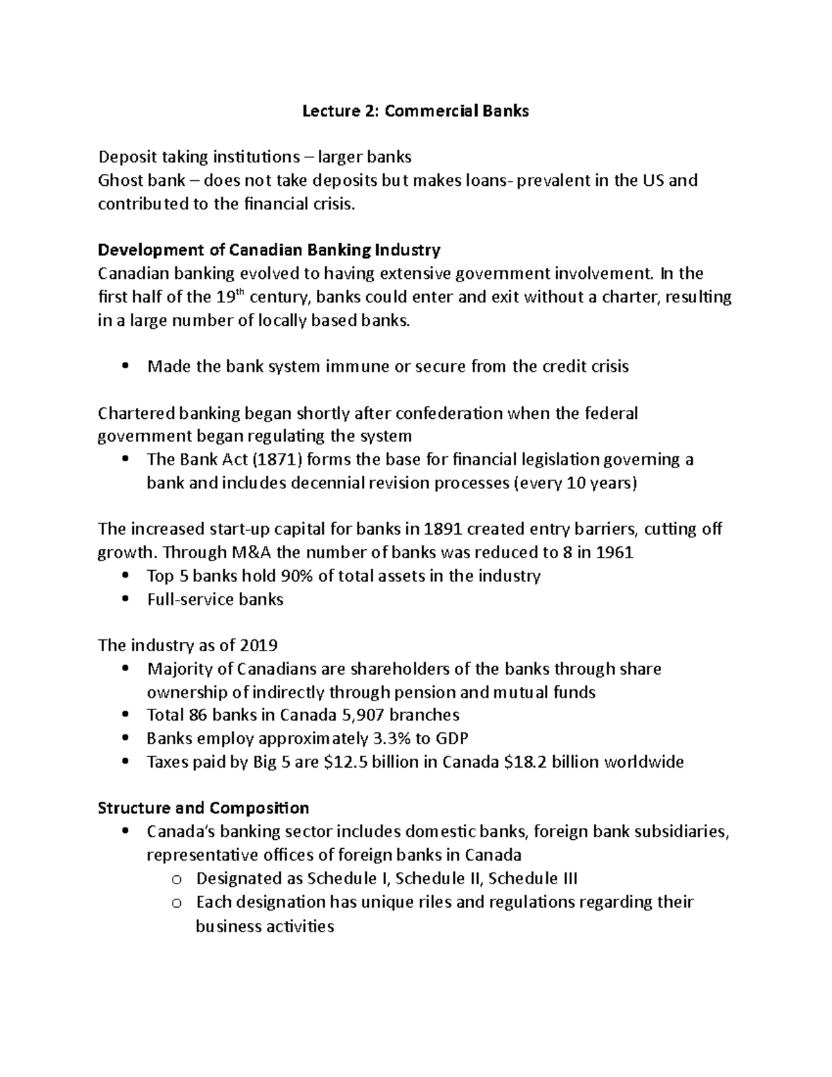 BU433 Notes - Lecture 2: Commercial Banks Deposit taking institutions ...