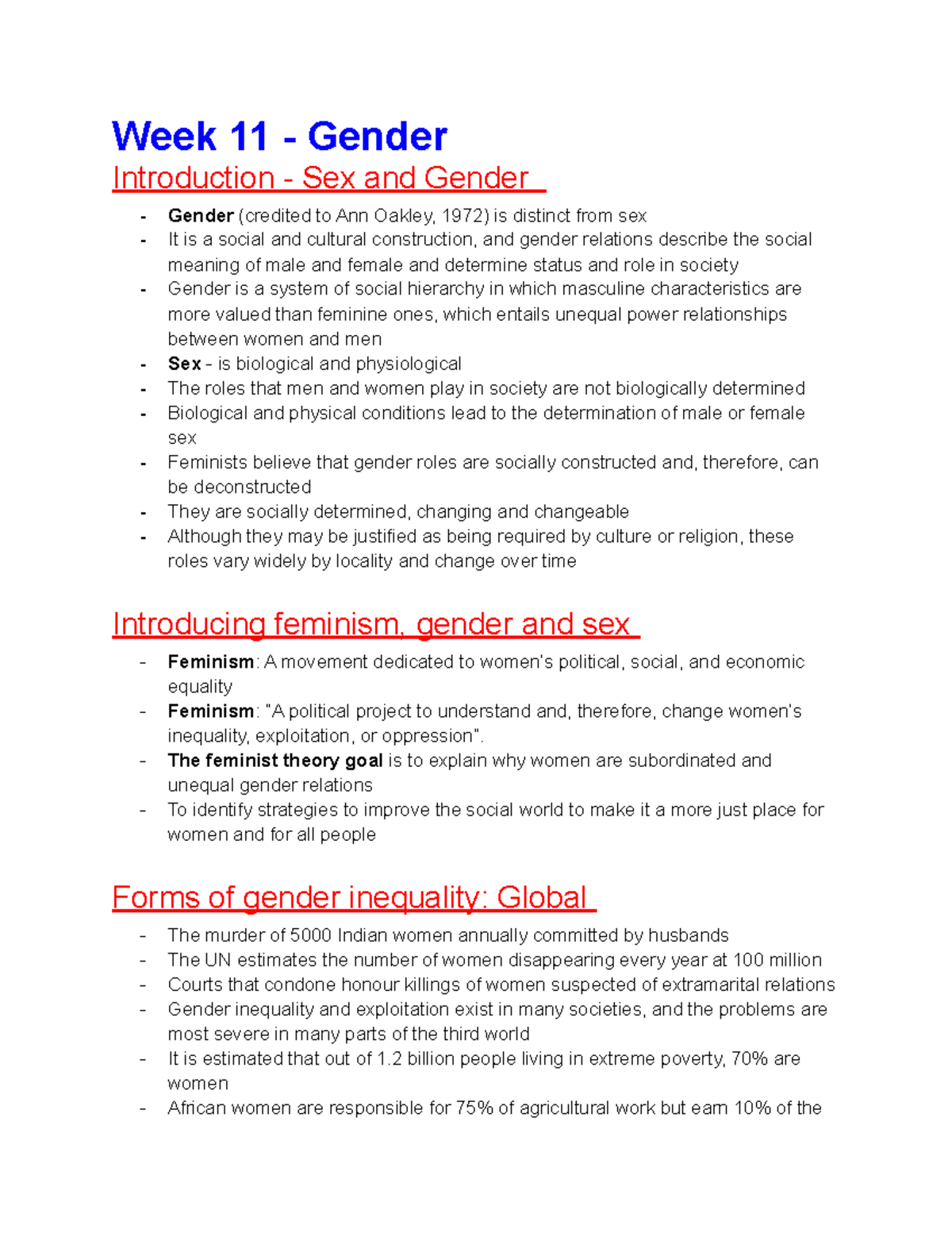 Week 11 - Gender - Week 11 Notes - Week 11 - Gender Introduction - Sex ...