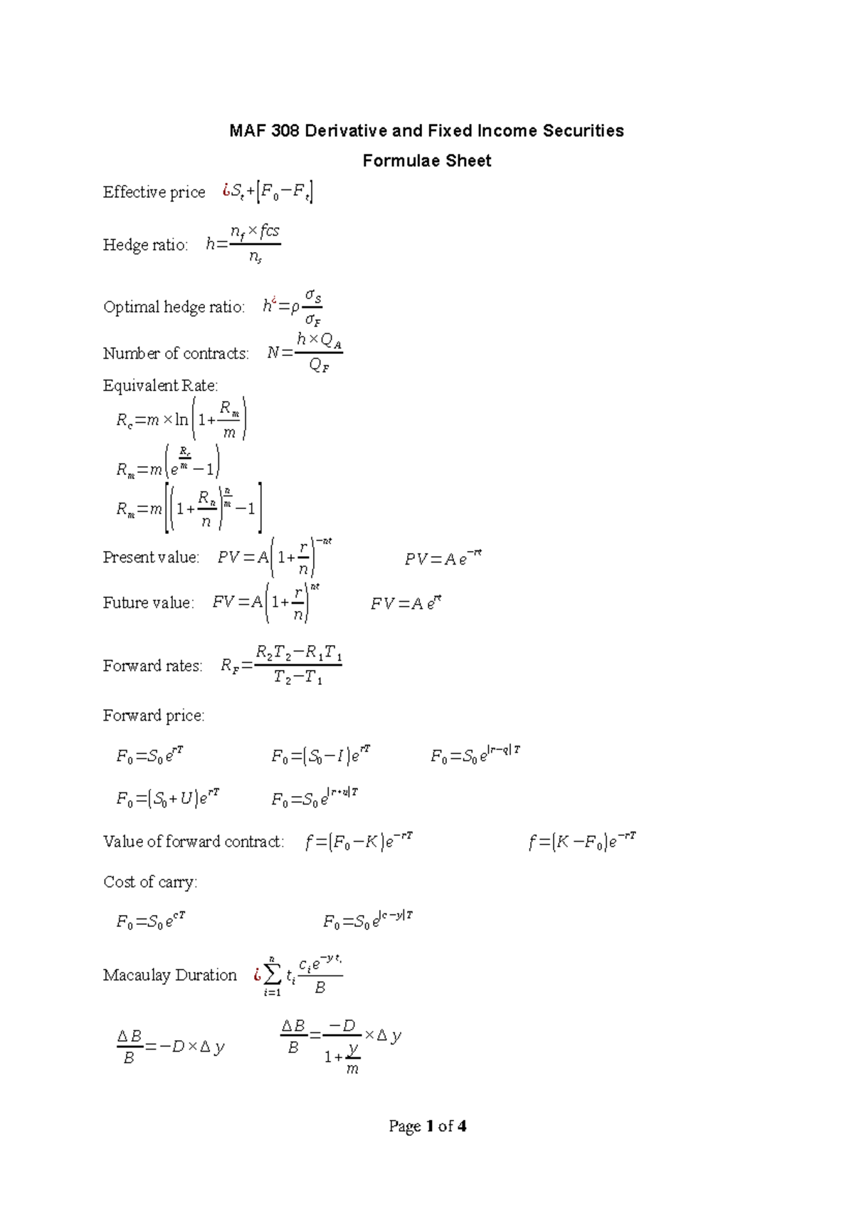 MAF 308 Formula Sheet - MAF 308 Derivative and Fixed Income Securities ...
