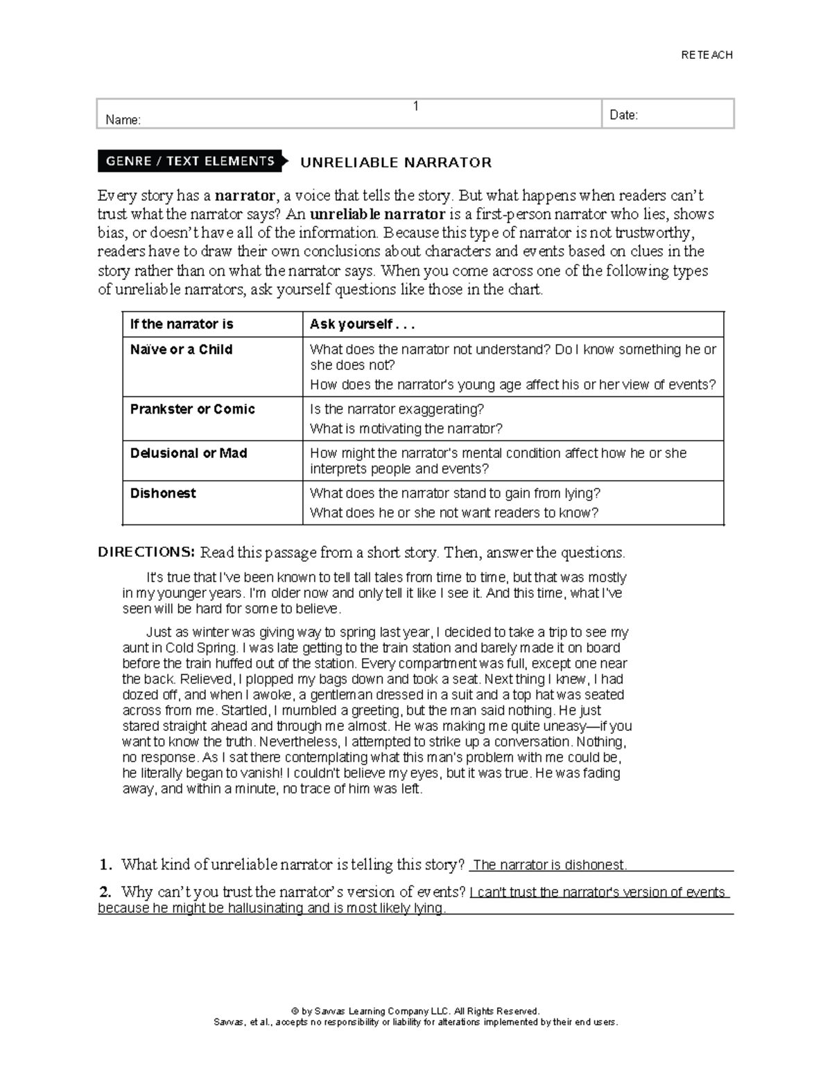 Sanariah Sears unrealiable narraor - RETEACH Name: Date: UNRELIABLE ...