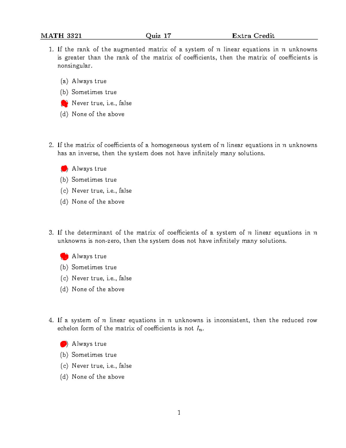 True -False EMCF 19 Extra Credit - MATH 3321 Quiz 17 Extra Credit 1. If ...