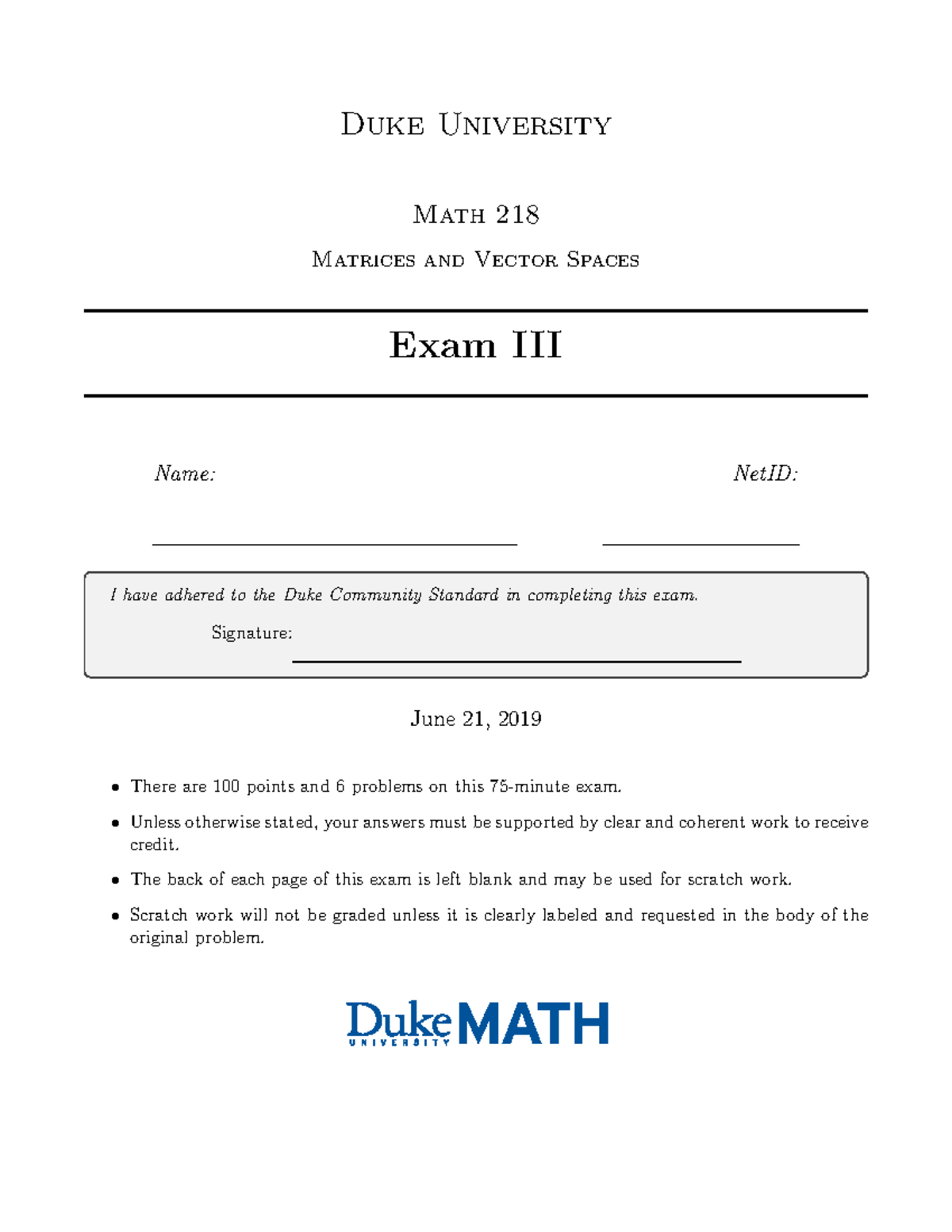 2019 Math 218 Midterm 3 (3) - Duke University Math 218 Matrices and ...
