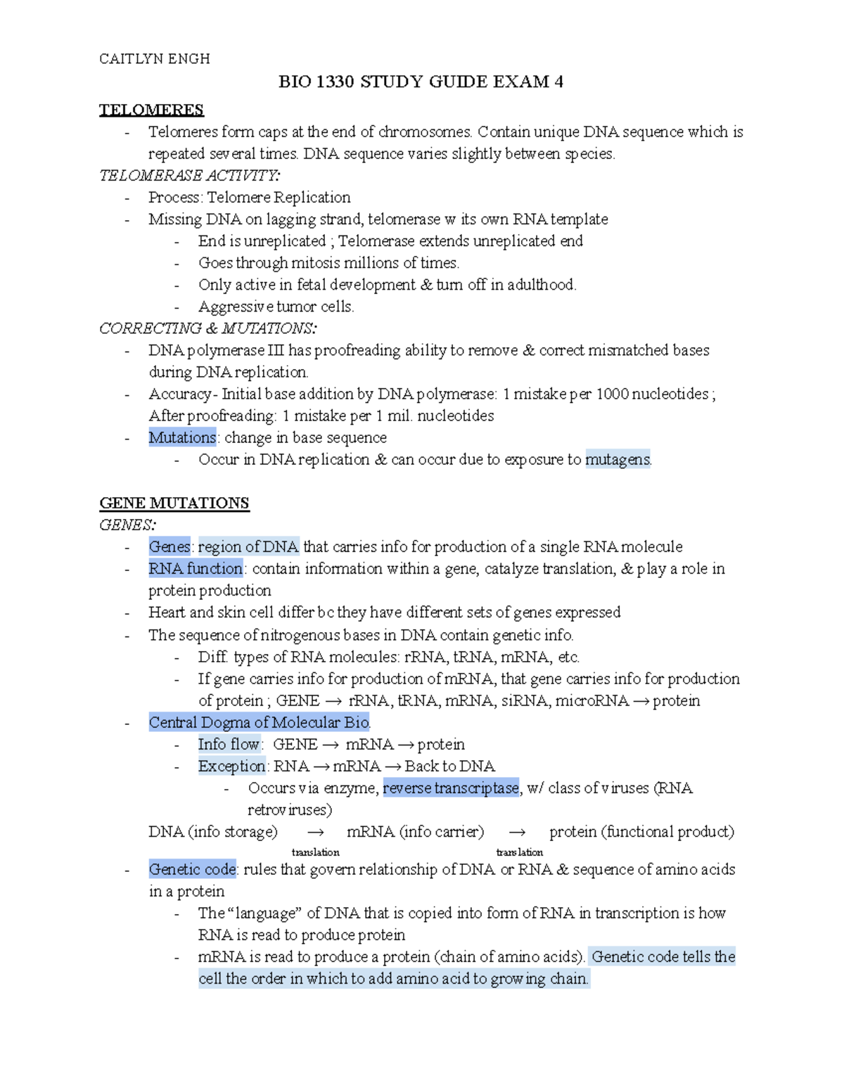 BIO1330 Studyguide 4 - Study guide for Exam 4 of BIO 1330 - CAITLYN ...