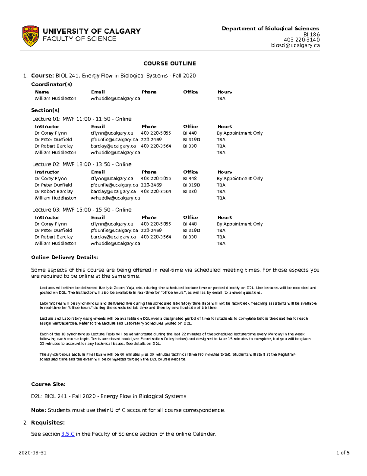 Biol 241 Course Outline - Department of Biological Sciences BI 186 403 ...