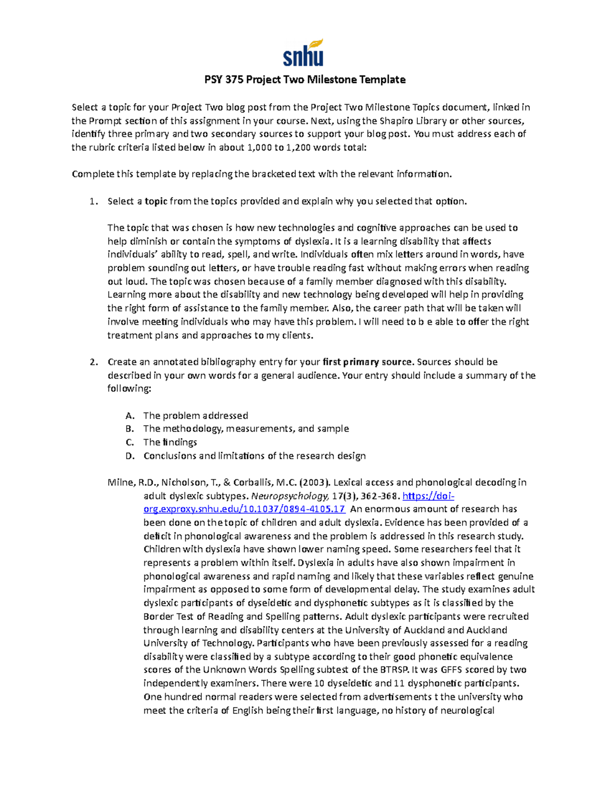 PSY 375 Project Two Milestone Template (1) - PSY 375 Project Two ...