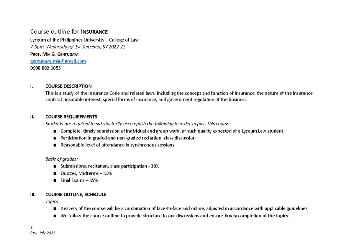 Insurance Course Outline Final 13Aug2022 - Course outline for INSURANCE ...