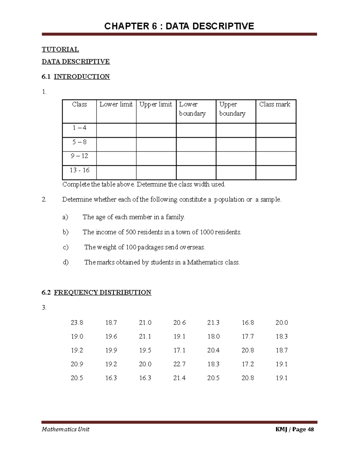 CH6 Data Descriptive - Lecture notes 1 - TUTORIAL DATA DESCRIPTIVE 6 ...