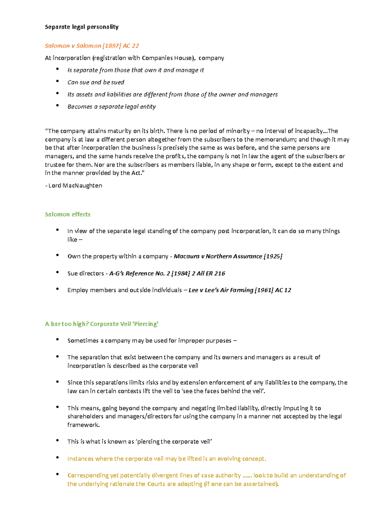 Separate legal personality Lecture - Separate legal personality Salomon ...