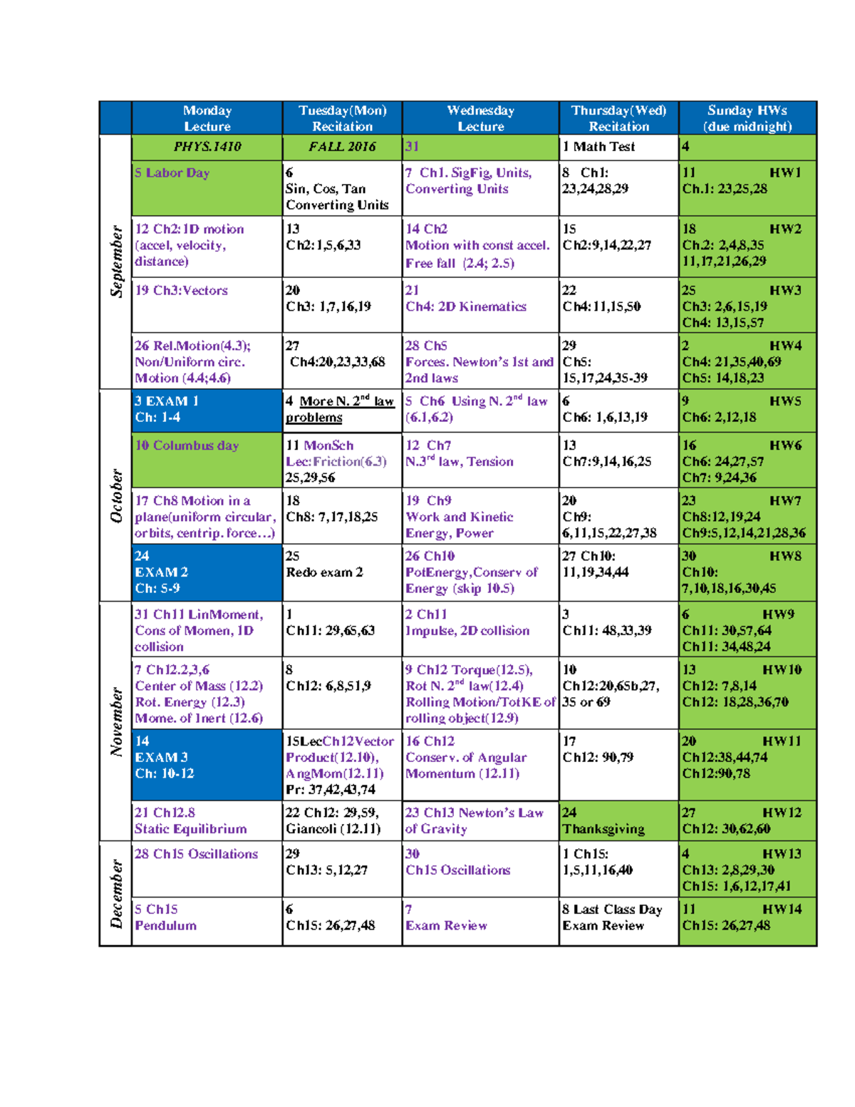 PHYS - Schedule and HW questions - Monday Lecture Tuesday(Mon ...