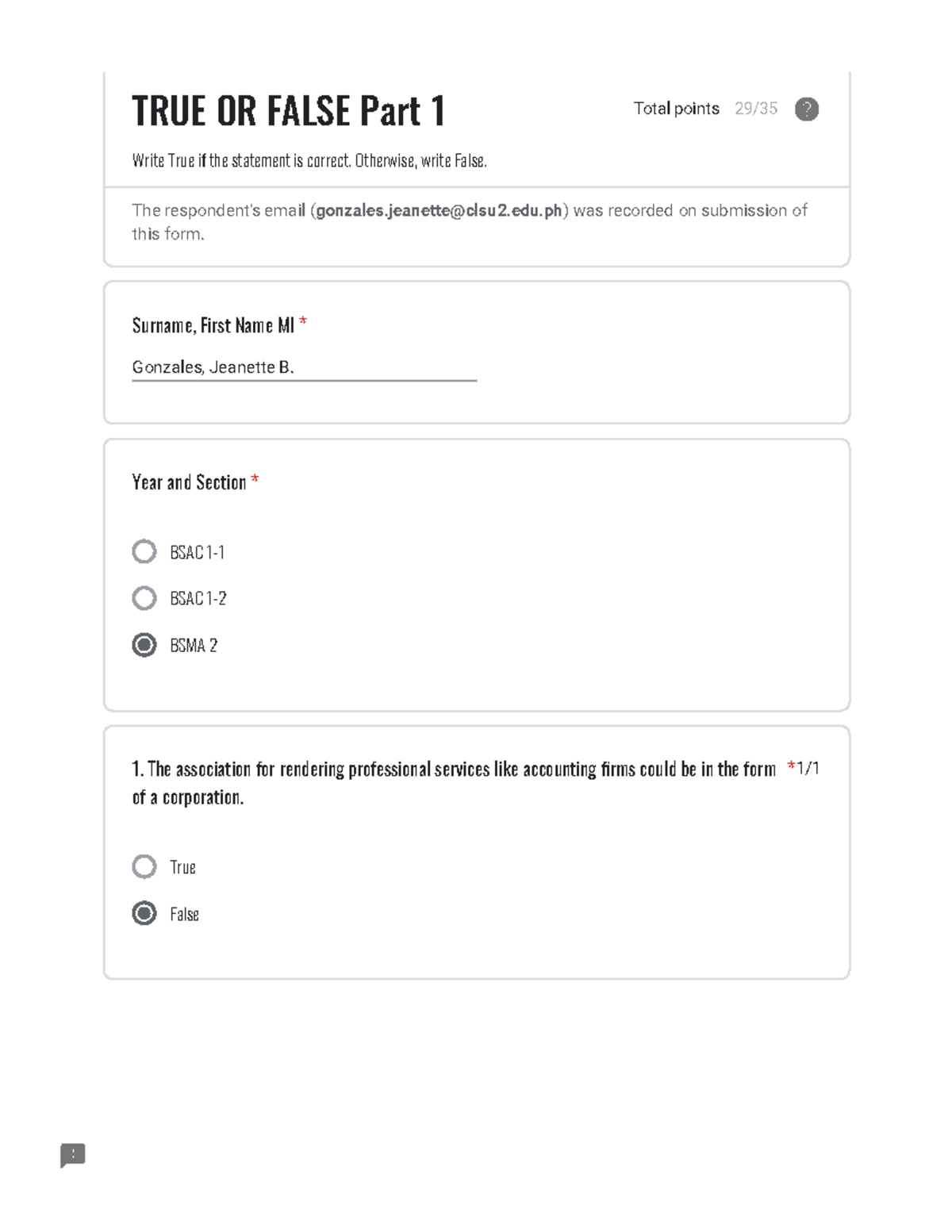 TRUE OR False Part 1 - Partnership and Corporations - Gonzales ...